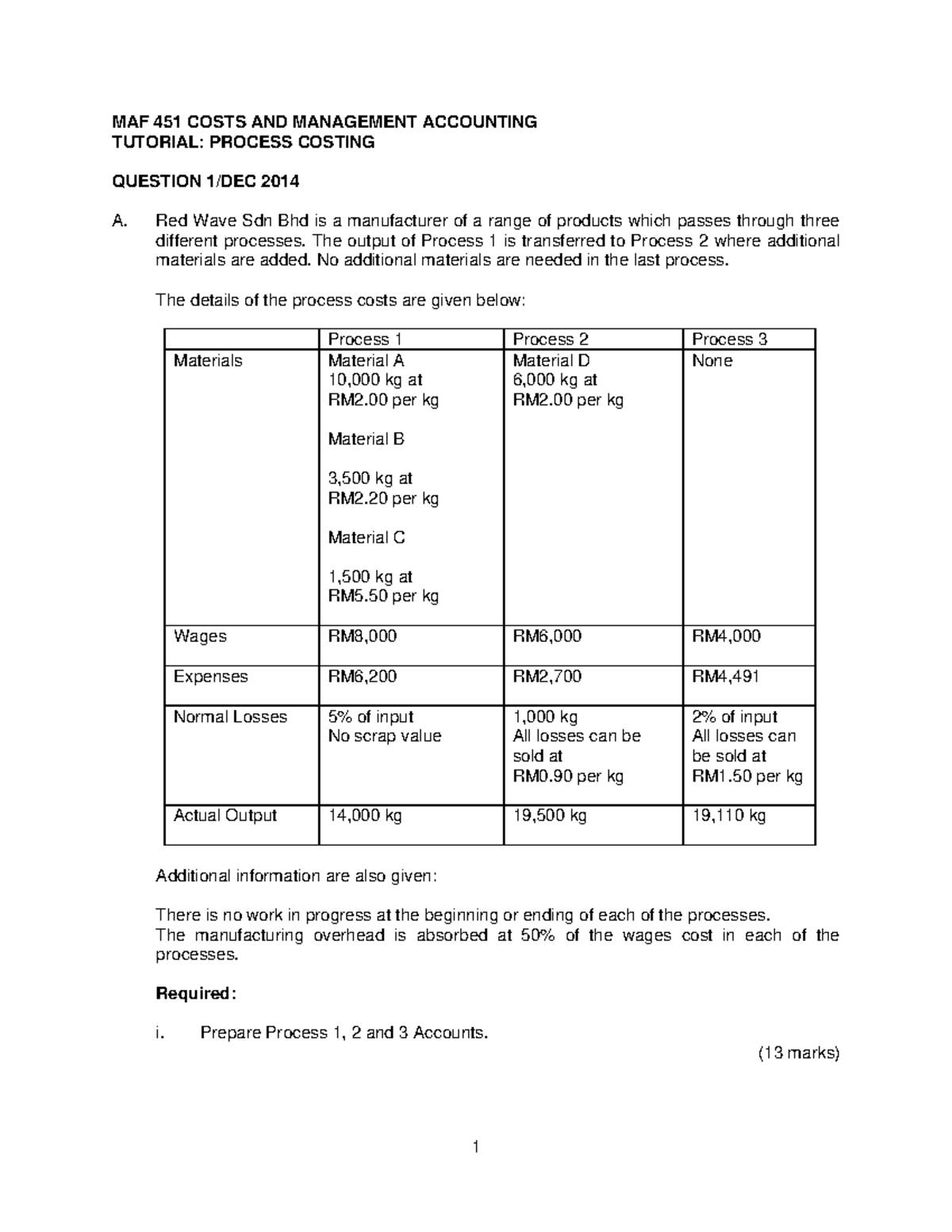 Tutorial 4 Process Costing Q n A 1 - MAF 451 COSTS AND MANAGEMENT ...