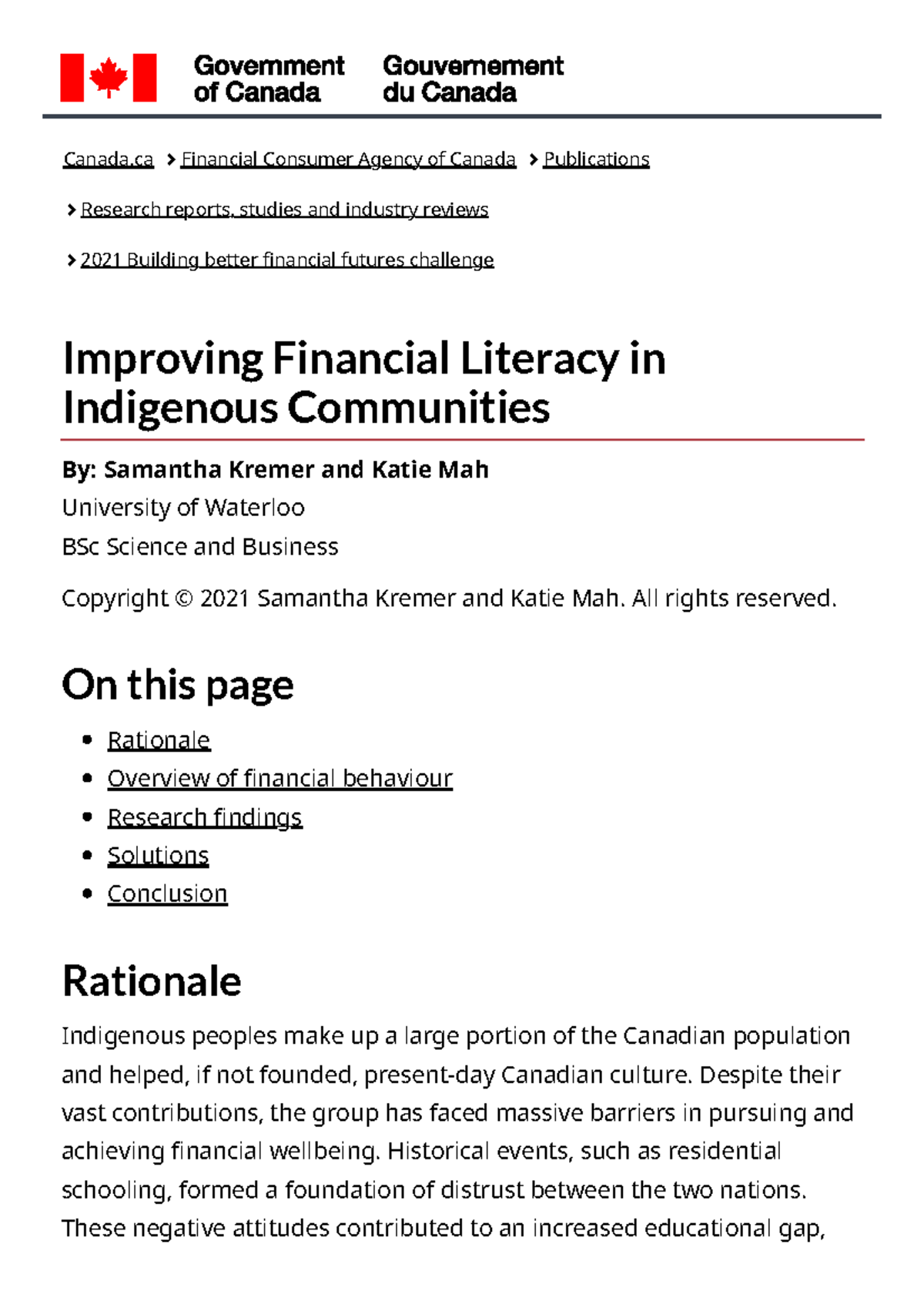 Improving Financial Literacy in Indigenous Communities - Canada ...