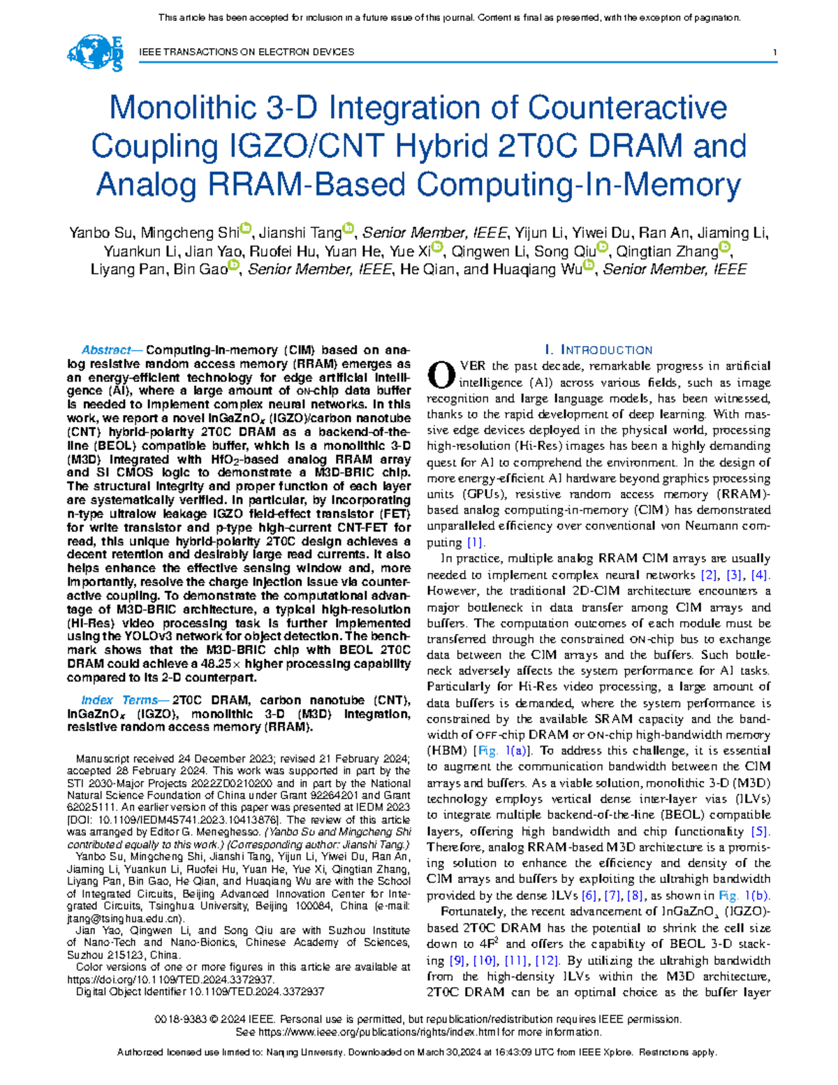 Monolithic 3-D Integration of Counteractive Coupling IGZO CNT Hybrid 2T0C DRAM and Analog RRAM ...