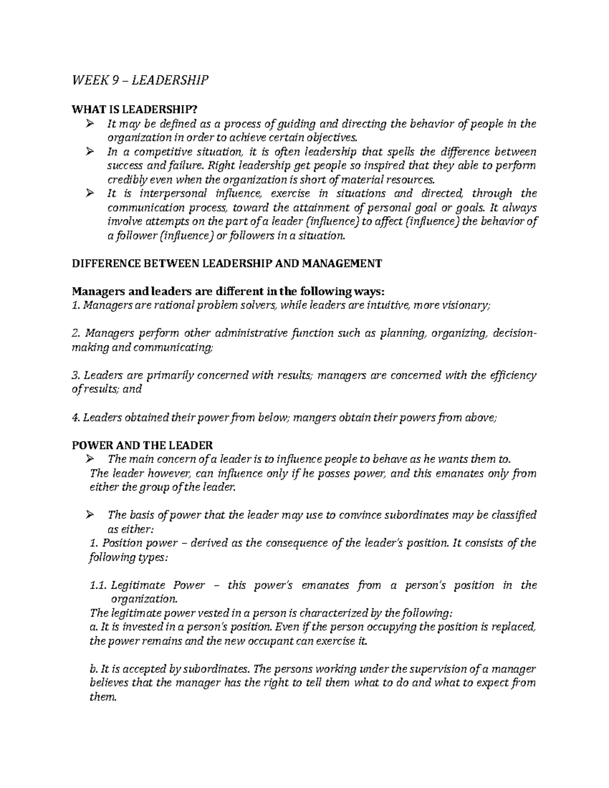 WEEK 9 Leadership - Handouts given by Prof. Ruben Manahan Jr. - WEEK 9 ...