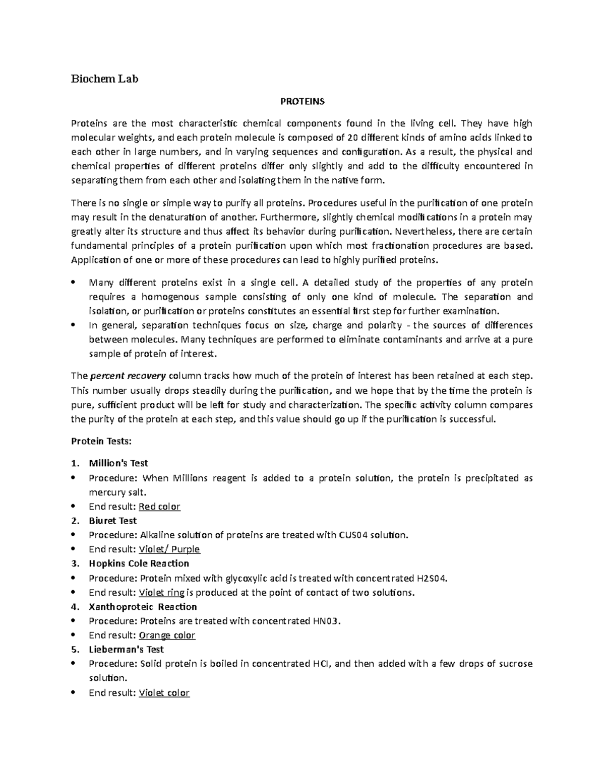 Biochem Lab - Proteins - Lecture notes 1-5 - Biochem Lab PROTEINS ...