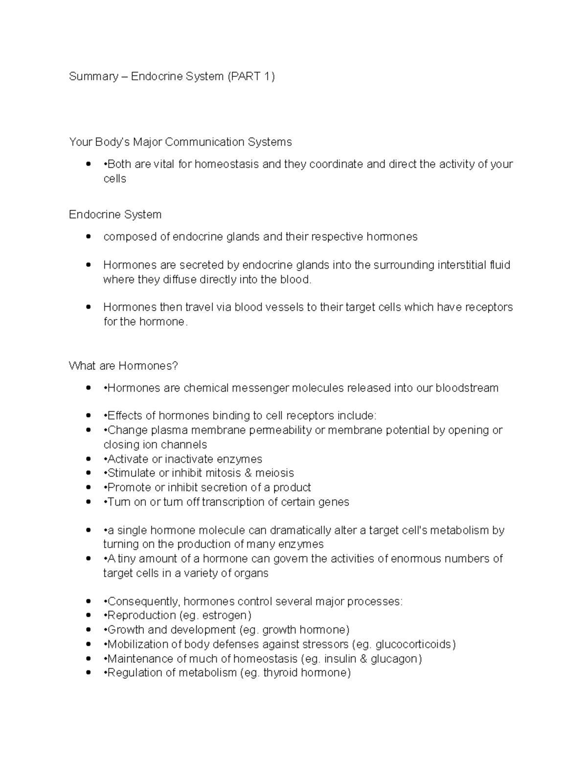 Summary - Endo Part 1 - Sum 3.1 - Summary – Endocrine System (PART 1 ...
