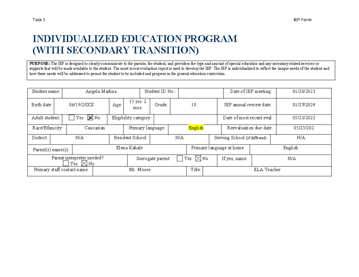 IEP Form (2) - INDIVIDUALIZED EDUCATION PROGRAM (WITH SECONDARY ...