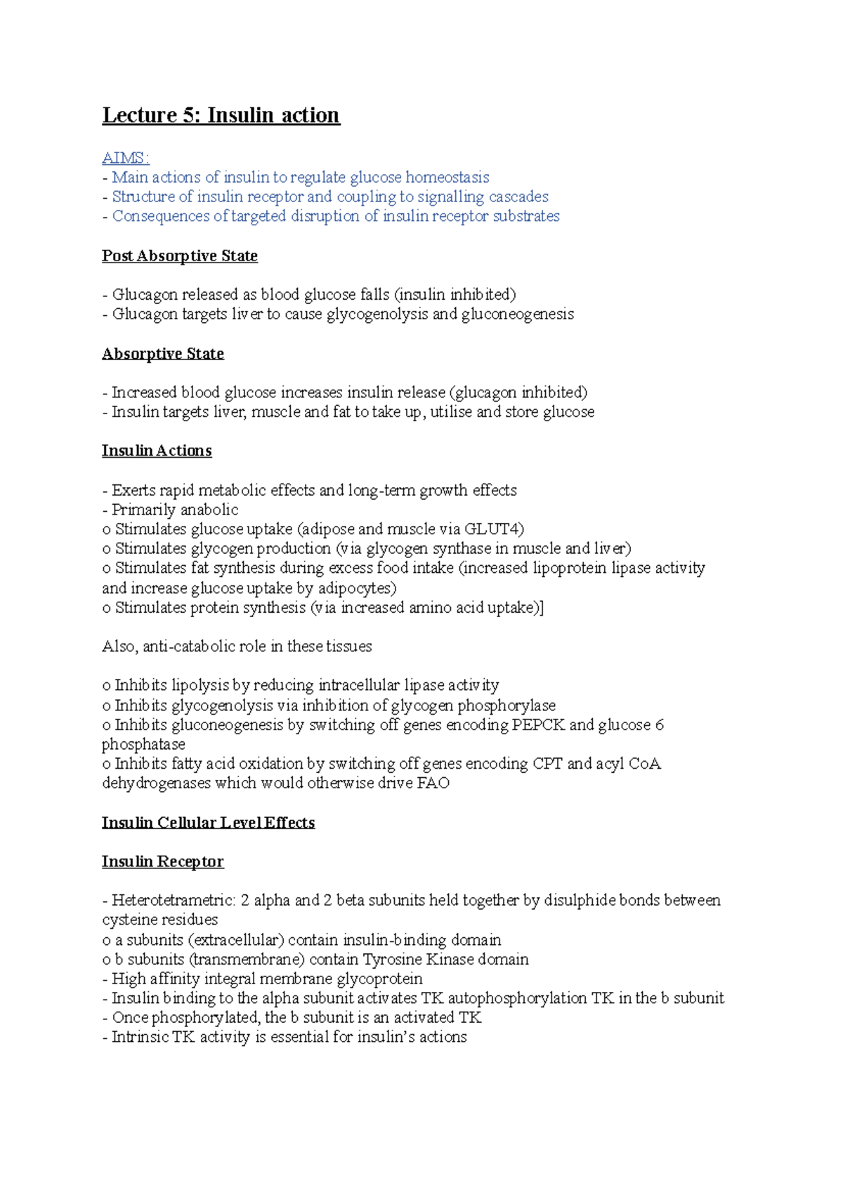 Lecture 5- Insulin actions - 6BBL0394 - KCL - Studocu