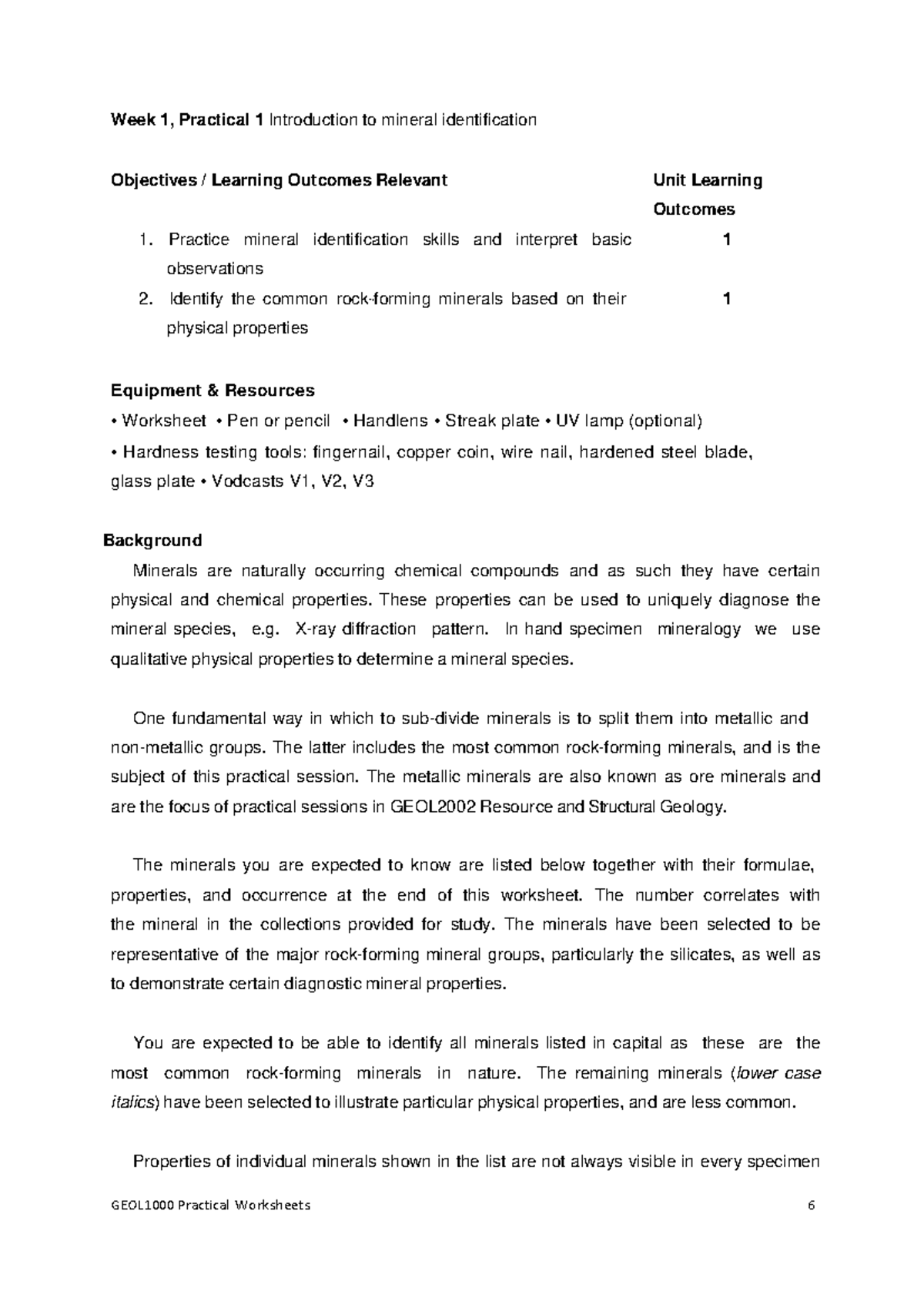 Practical - exercises 1-5 - Week 1, Practical 1 Introduction to mineral ...