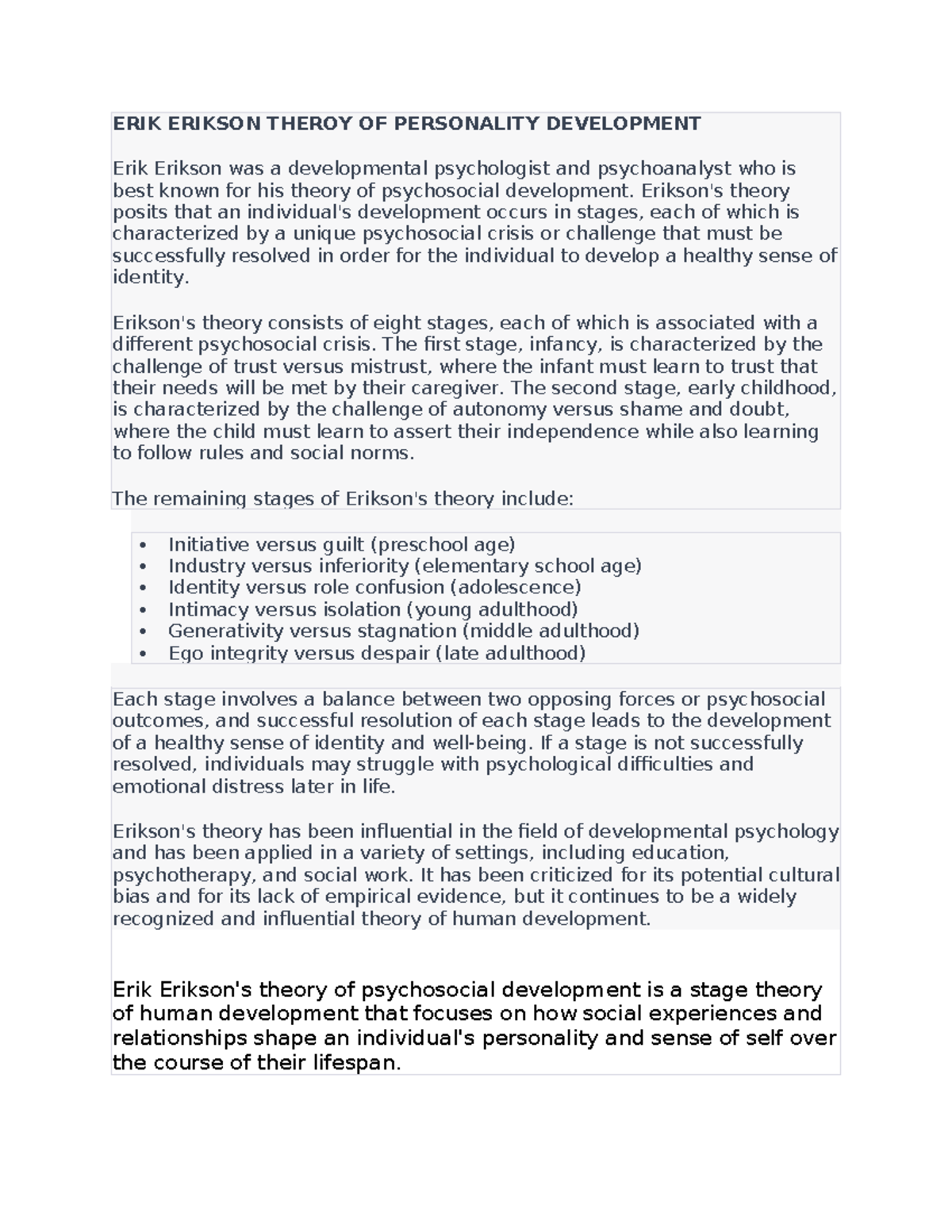 Erick Erickson Theory 6 Semester - ERIK ERIKSON THEROY OF PERSONALITY ...