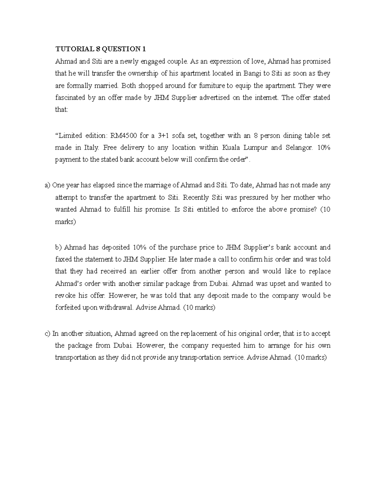 Tutorial 8 Question 1 - Contracts 1 - UiTM - Studocu