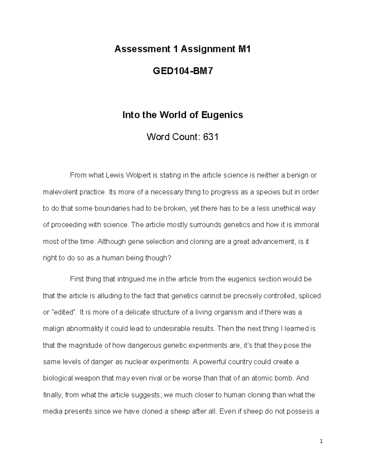Assessment 1 Assignment M1 - Its more of a necessary thing to progress ...