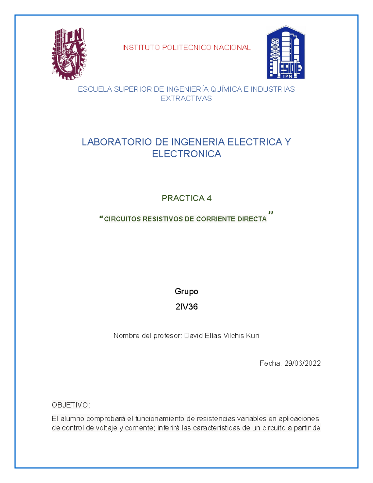 Practica 4 electricidad y magnetismo - INSTITUTO POLITECNICO NACIONAL ESCUELA SUPERIOR DE ...