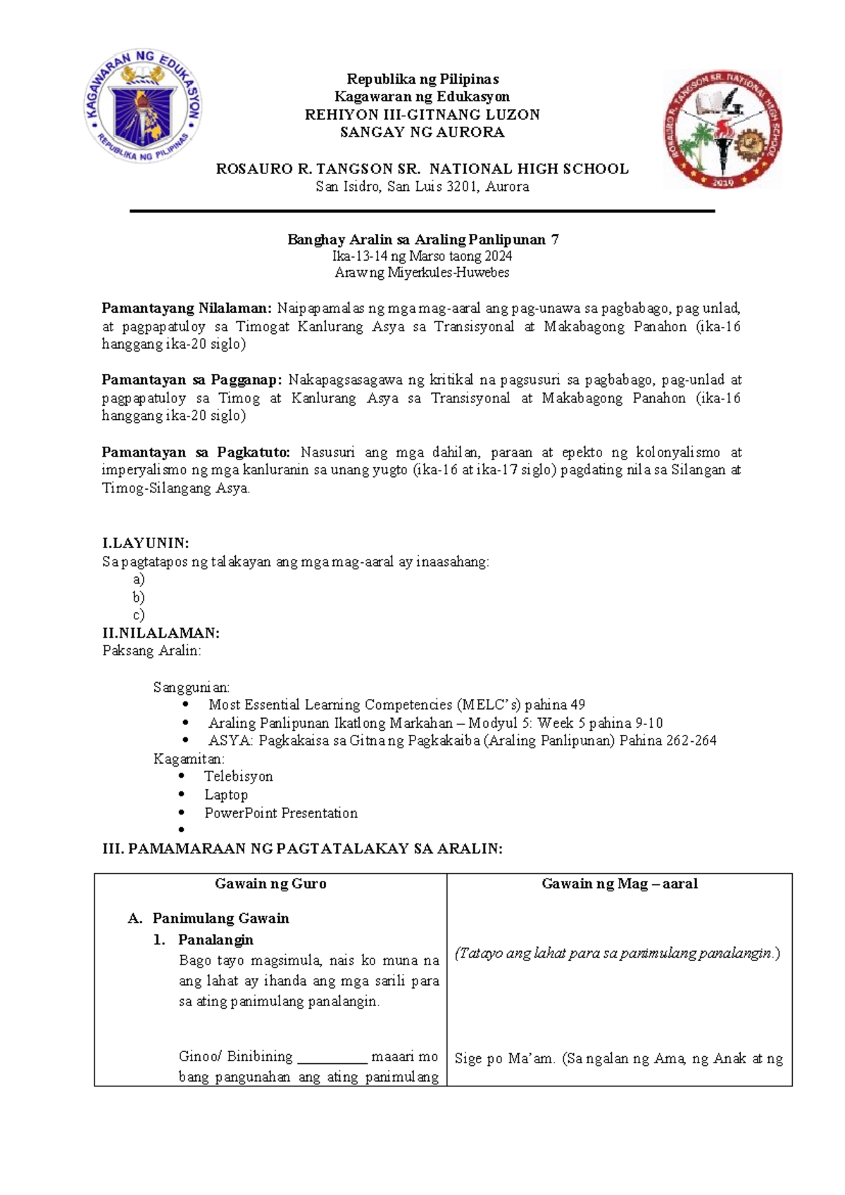 AP 7 Q3 wk 3 DLP - Copy - dlp - Republika ng Pilipinas Kagawaran ng ...