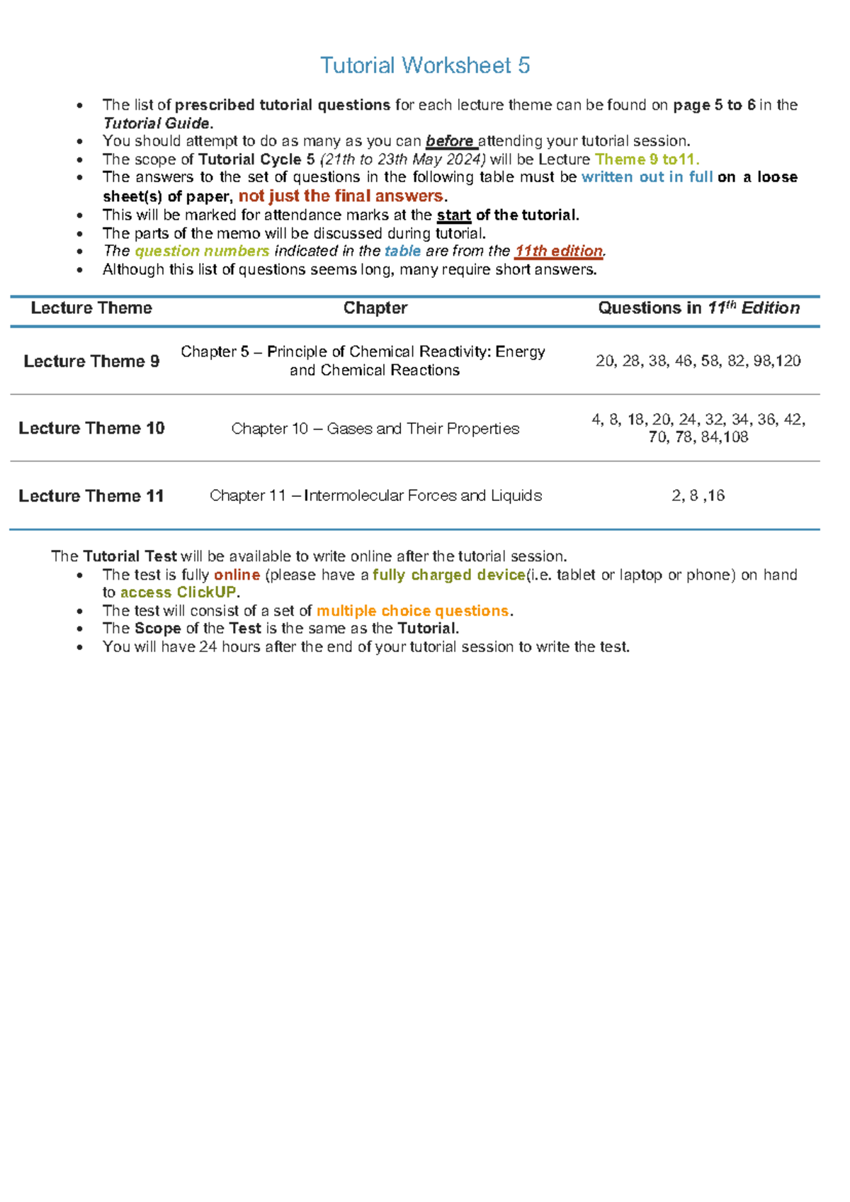 CMY117 Tut Worksheet 5 2024 - Tutorial Worksheet 5 • The list of ...