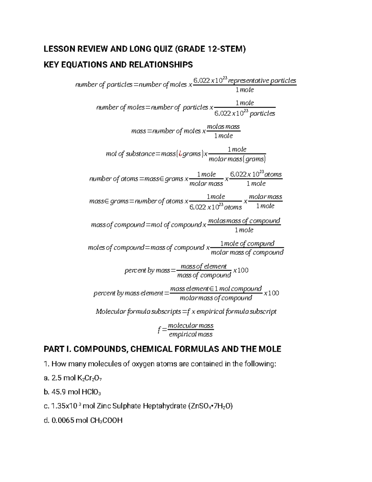 Stoichiometry Long Exam - LESSON REVIEW AND LONG QUIZ (GRADE 12-STEM ...
