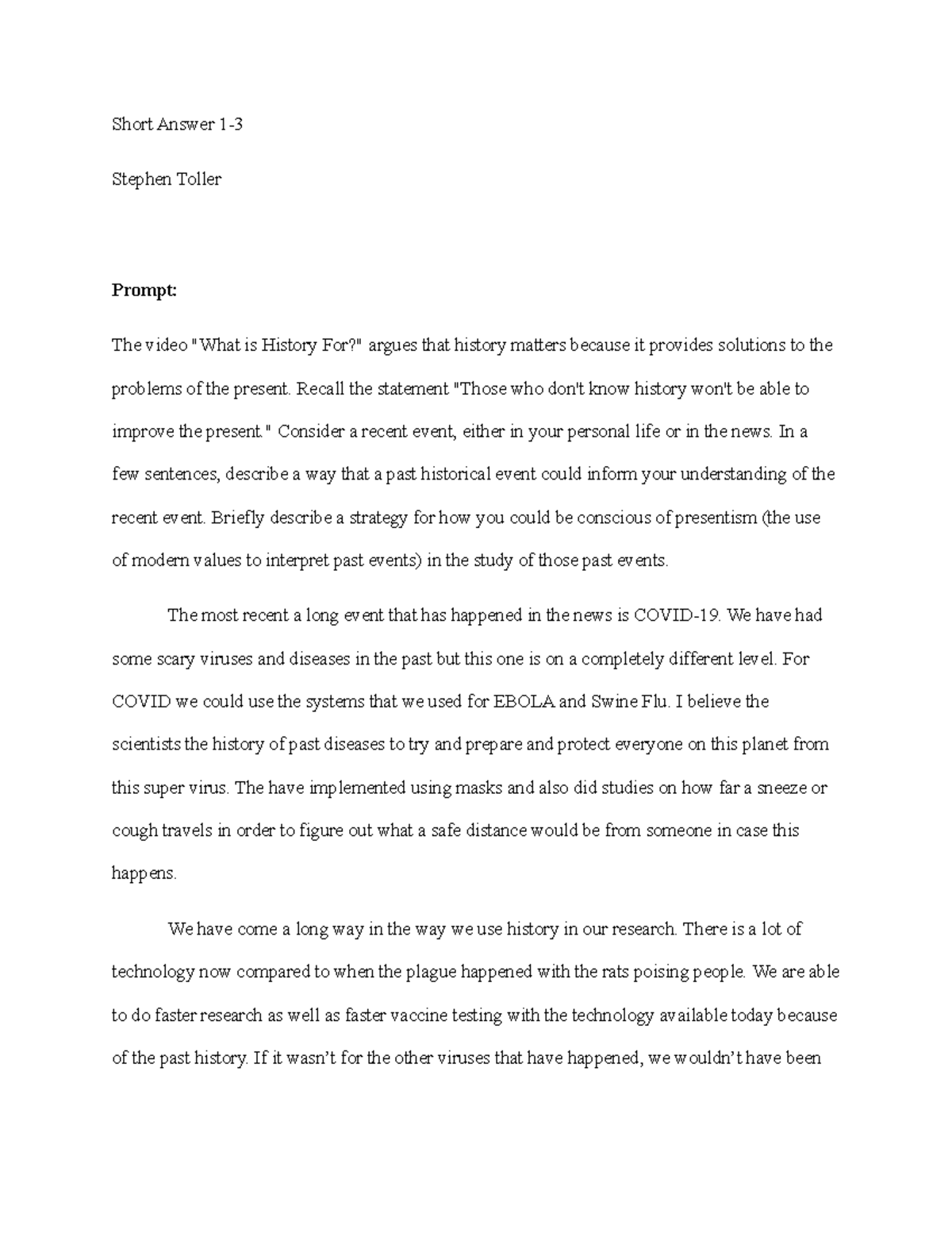1-3 Short Answer What is History - Short Answer 1- Stephen Toller ...