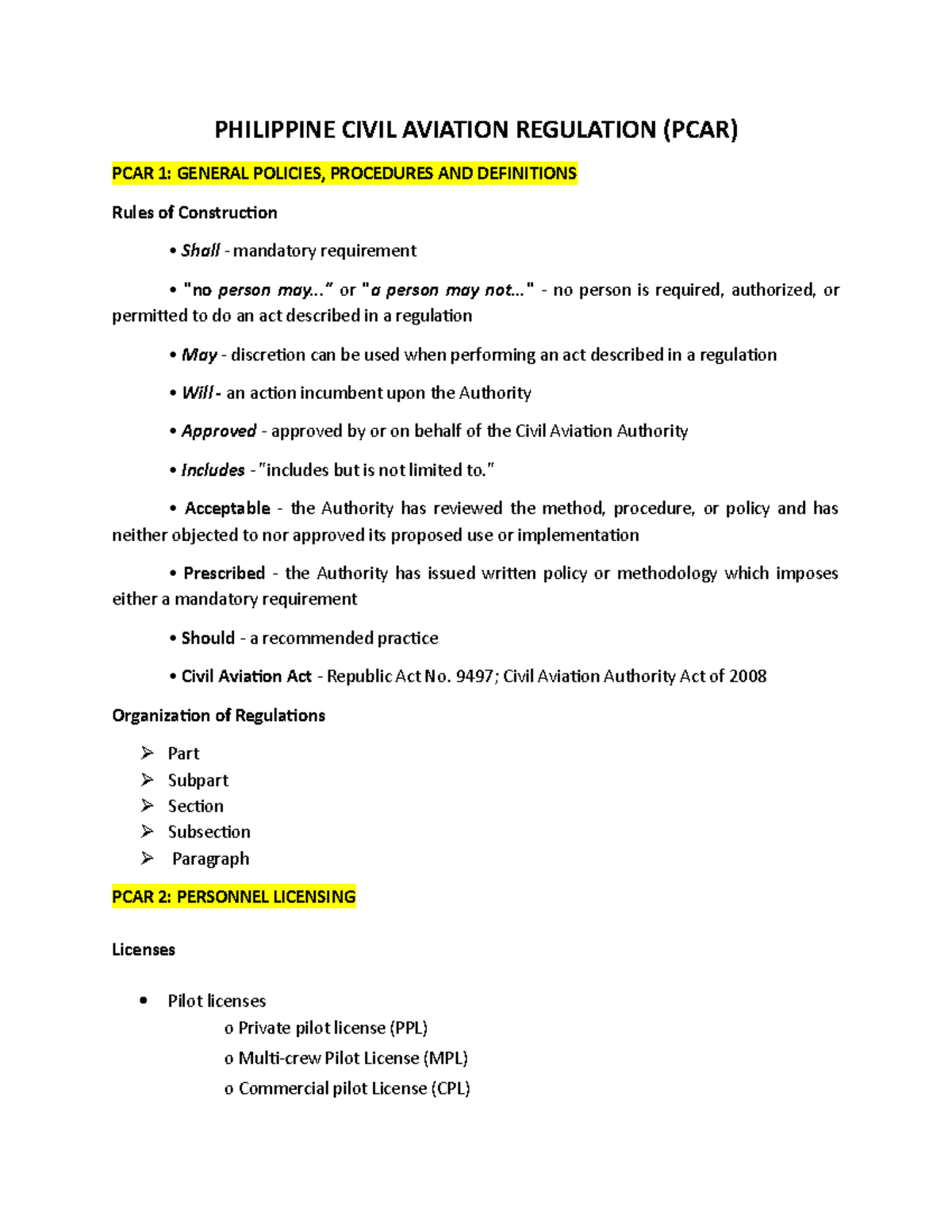 Philippine Civil Aviation Regulation - PHILIPPINE CIVIL AVIATION ...