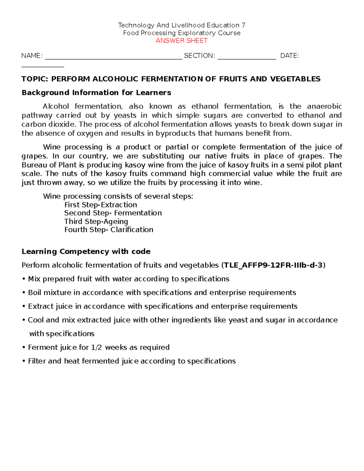 TLE 7 FP - W3 - 8 - learning sheets - Technology And Livelihood ...