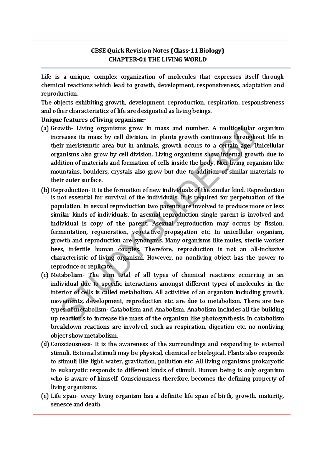 11 biology notes ch01 the living world unlocked - CBSE Quick Revision ...