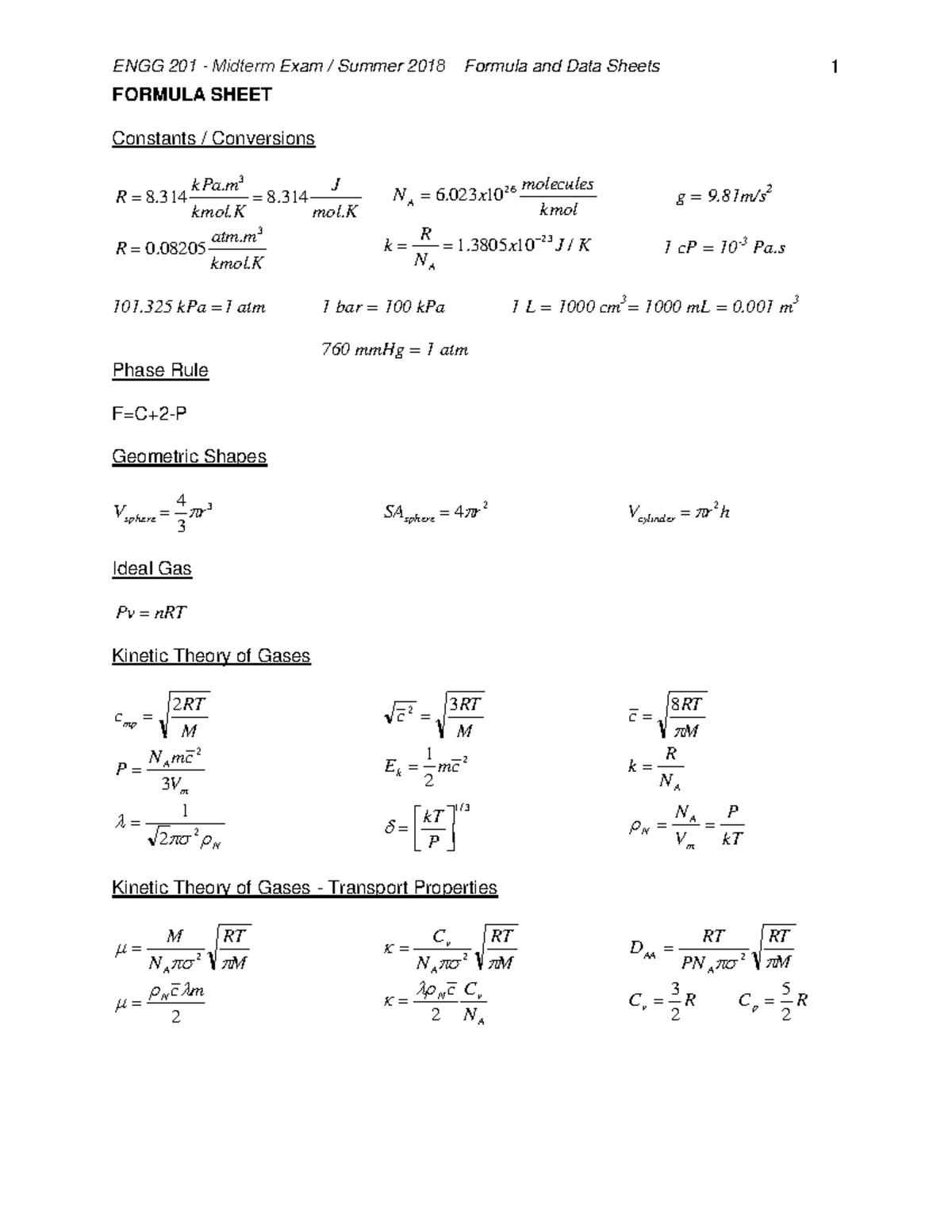 ENGG 201 S2018 Formula Sheet - ENGG 201 Midterm Exam Summer 2018 ...