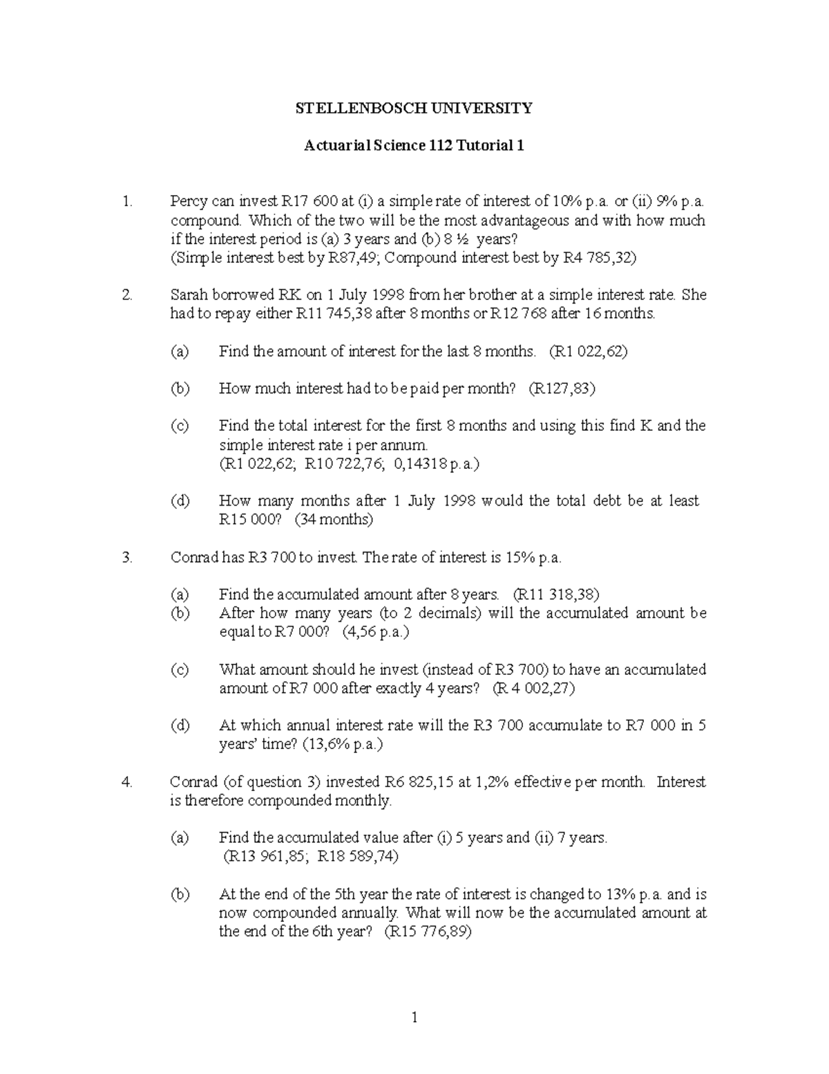 AS112 Tut 1 2021 - Tutorial - STELLENBOSCH UNIVERSITY Actuarial Science 112 Tutorial 1 Percy can ...