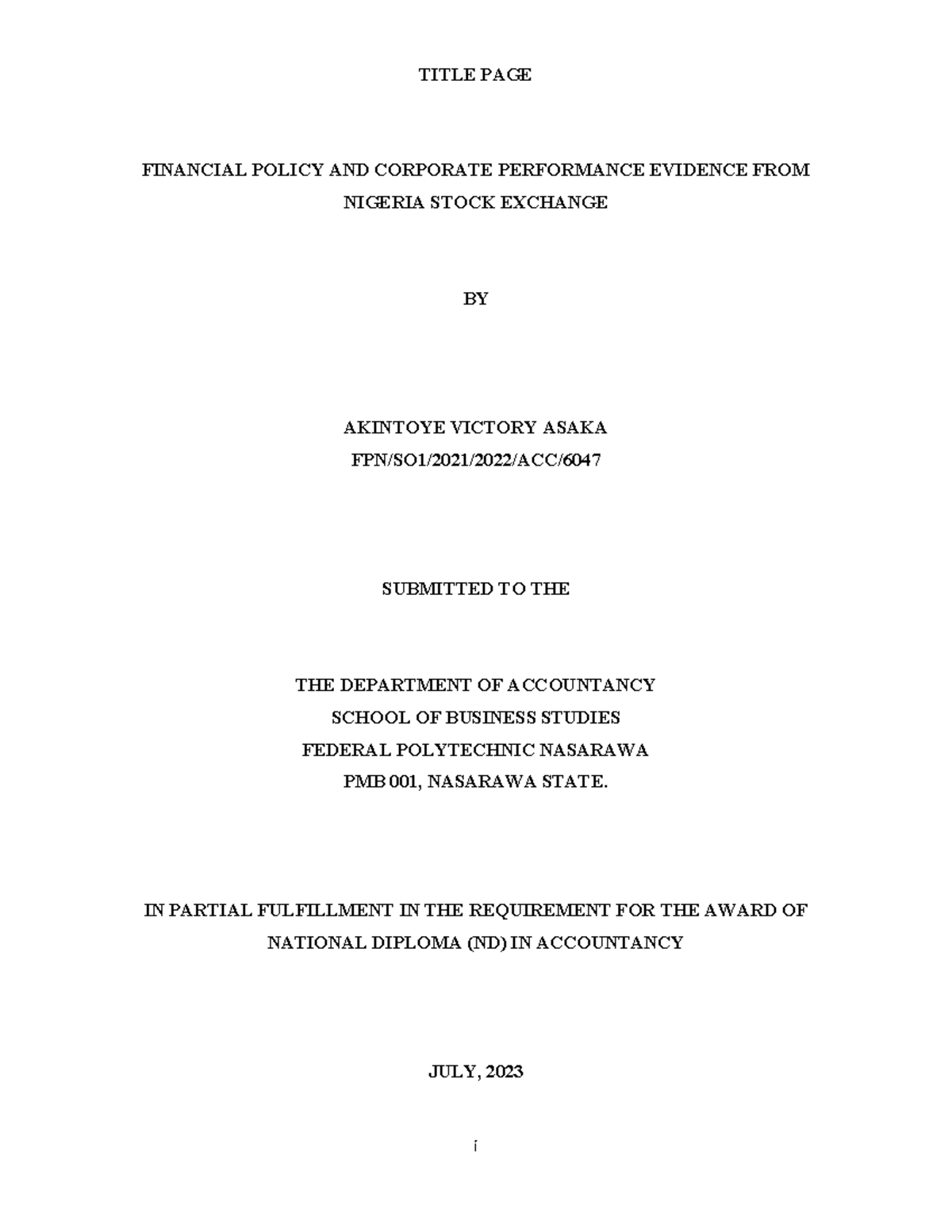 Victory Title P - Project - TITLE PAGE FINANCIAL POLICY AND CORPORATE ...