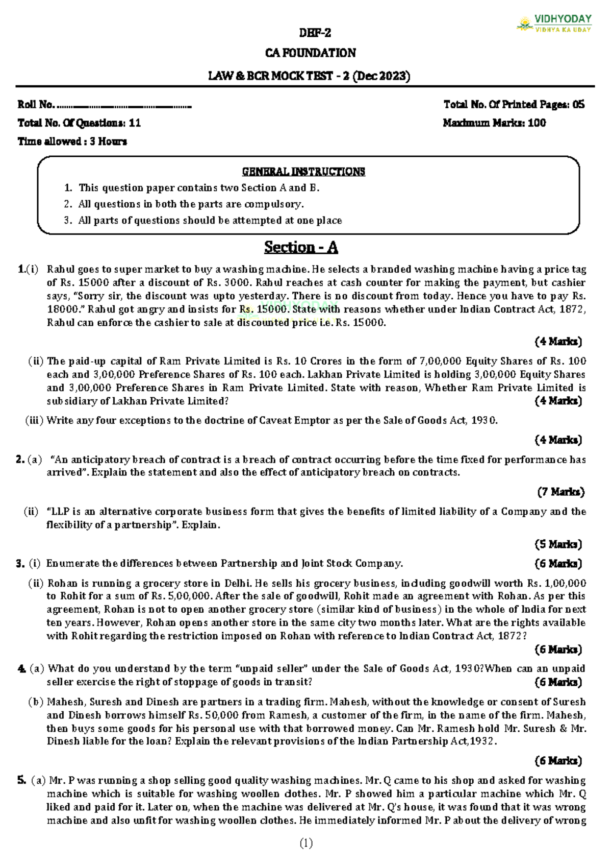 CA Foundation Law & BCR Mock Test 2 (Dec. 2023) - DEF- 2 CA FOUNDATION ...