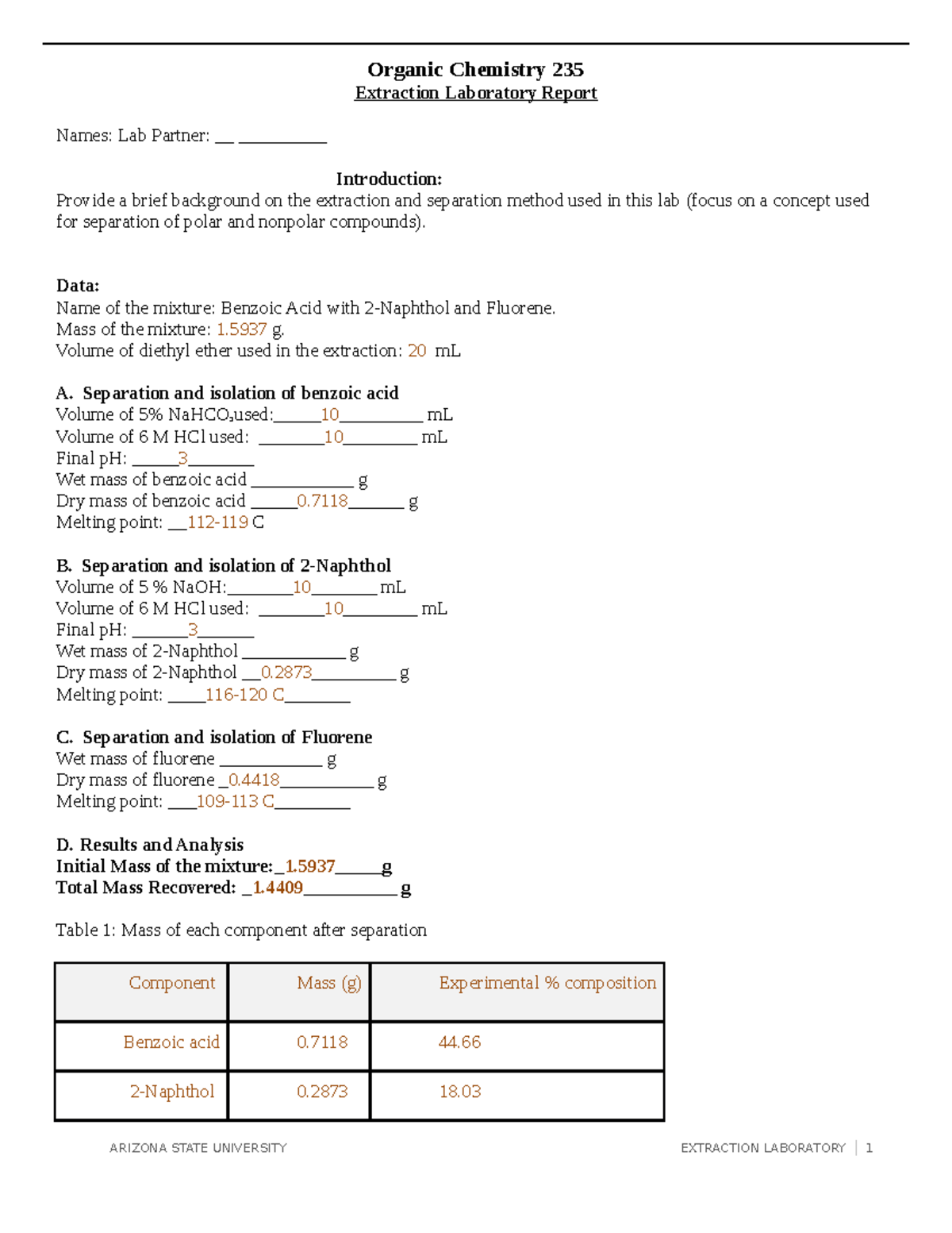Extraction Lab 2 report - Organic Chemistry 235 Extraction Laboratory ...