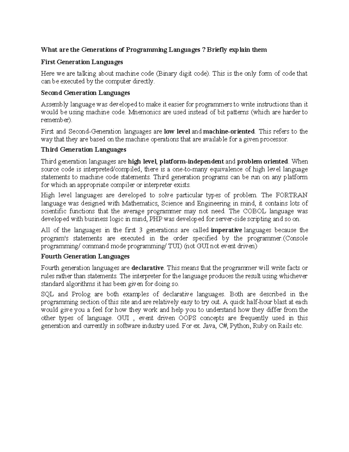 Generations Of Programming Languages This Is The Only Form Of Code That Can Be Executed By The