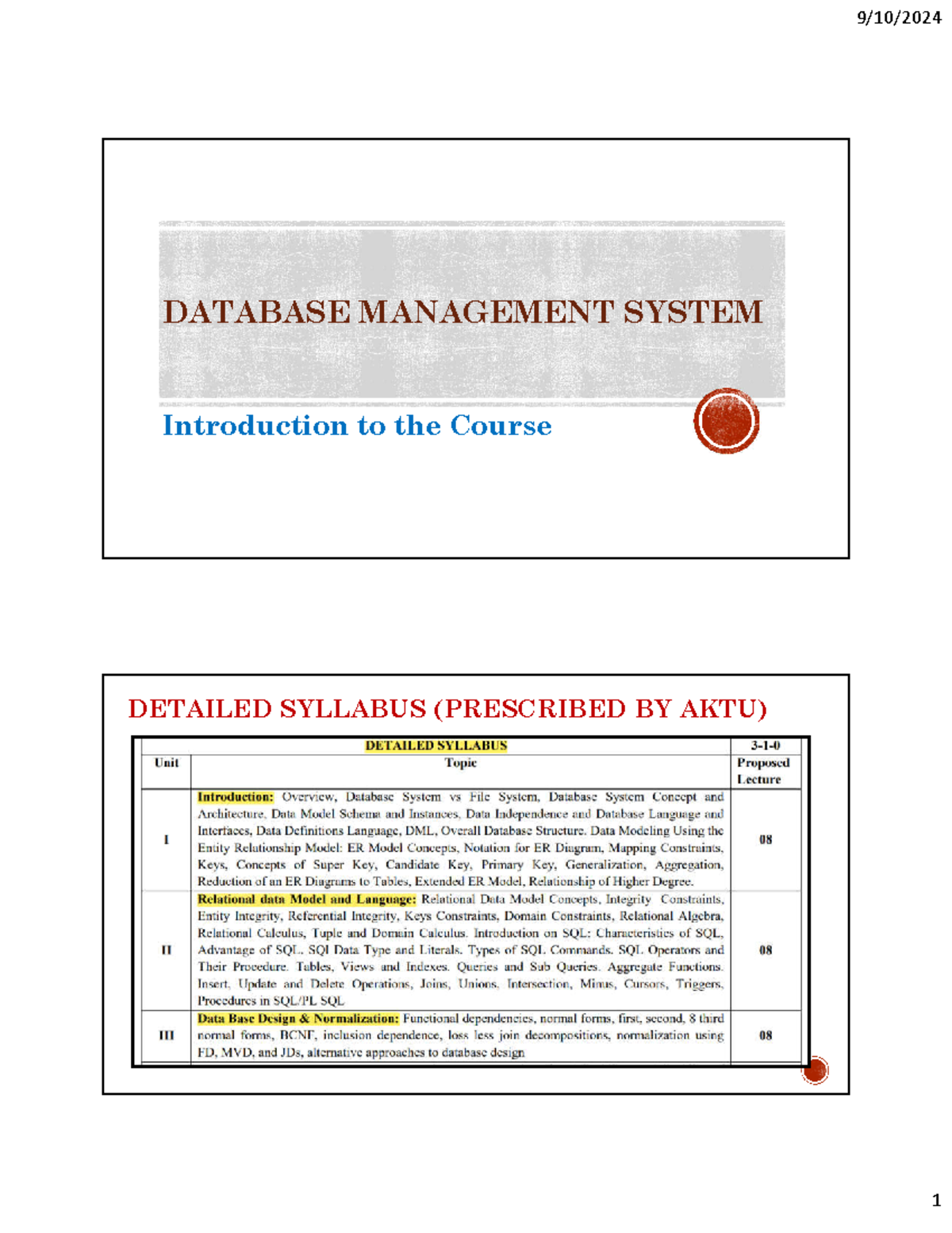 2. DBMS-Unit-1-Odd 2024-25 - DATABASE MANAGEMENT SYSTEM Introduction to the Course DETAILED ...