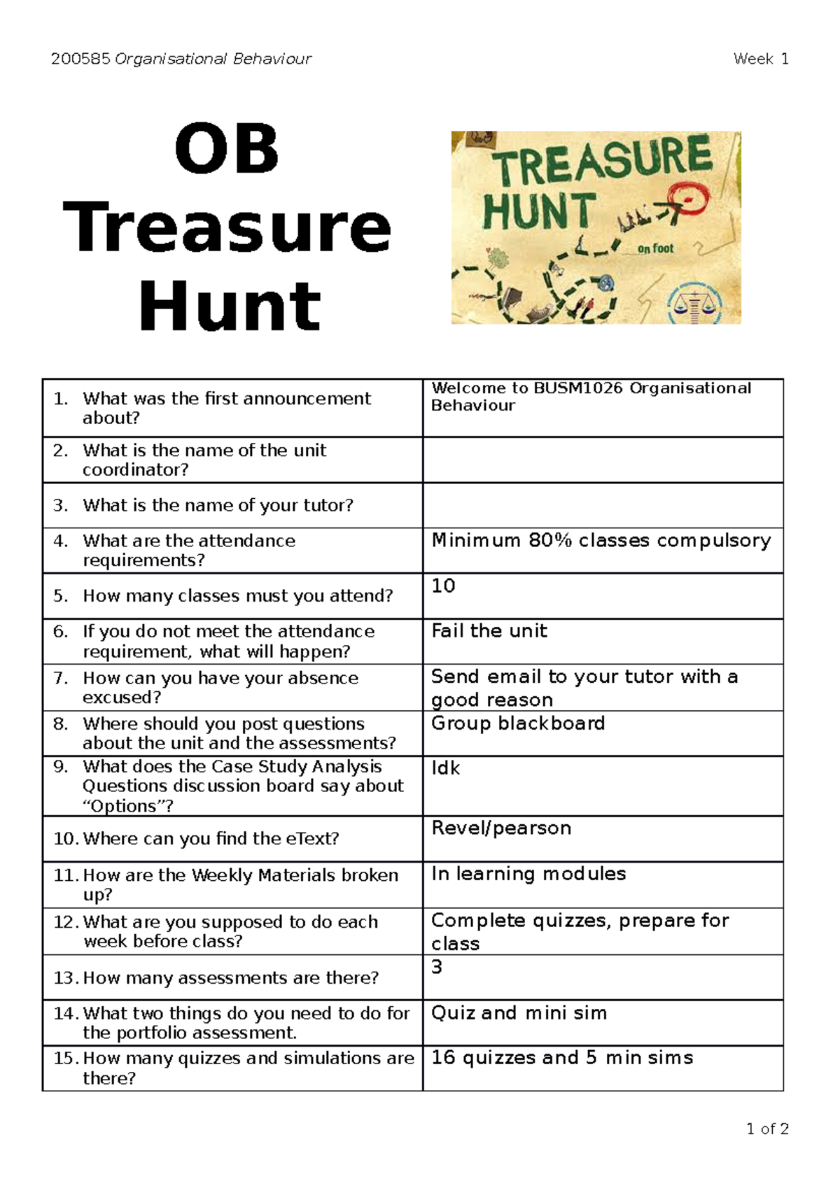 Organisational Behaviour Week 1 Treasure Hunt and Assessment Details ...