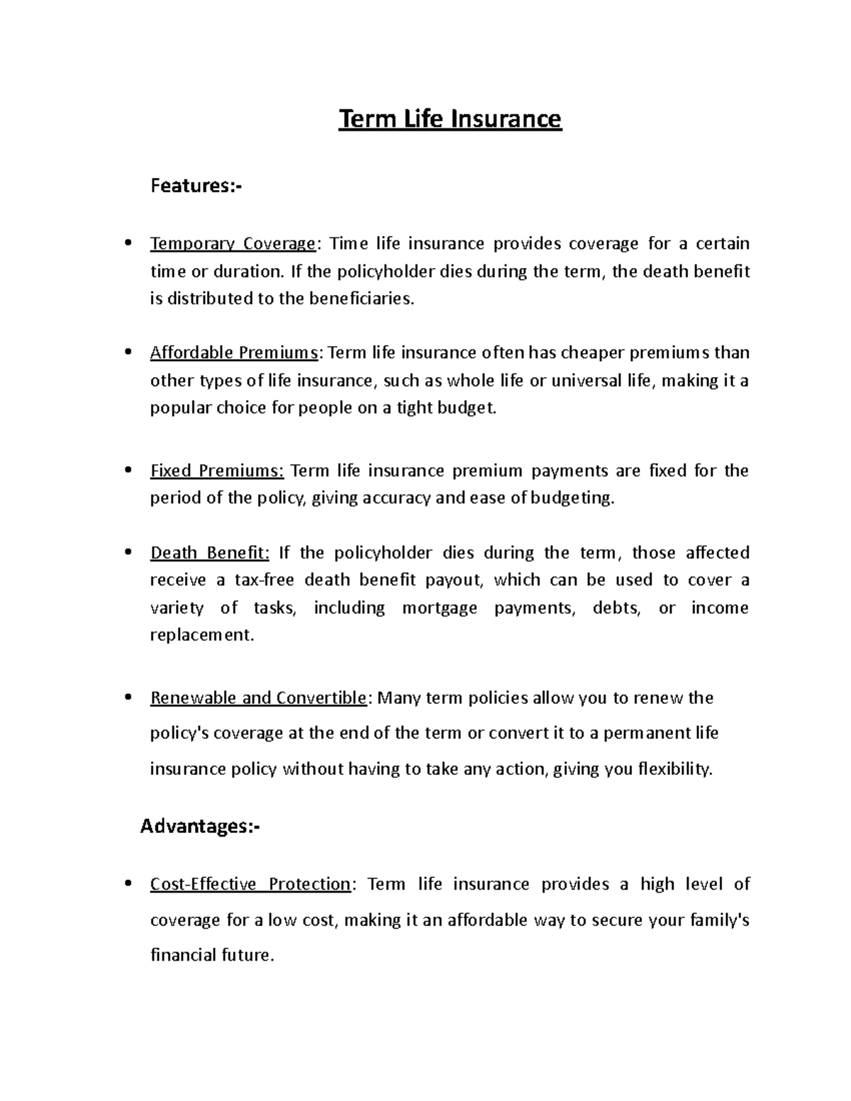 Insurance fundamentals assignemnt 1 - Term Life Insurance Features ...