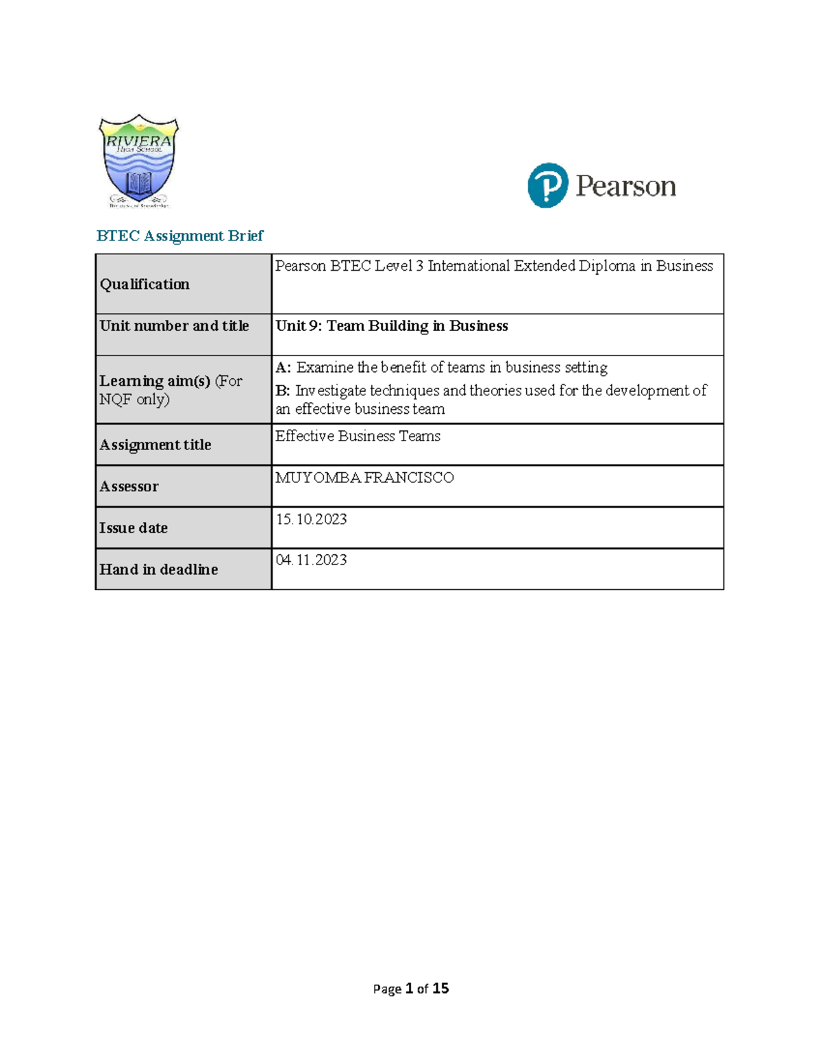 Team building Task 1 Assignment 1 - BTEC Assignment Brief Qualification ...