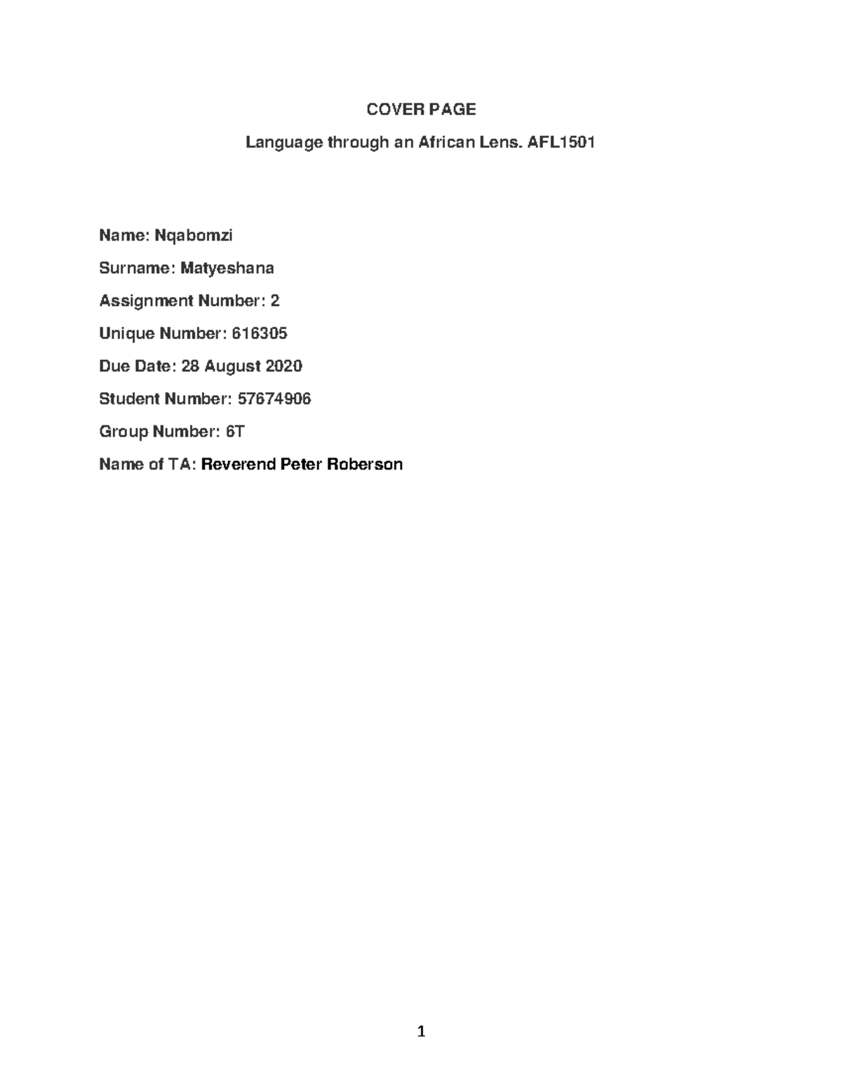 AFL1501 Assignment 2 - Warning: TT: undefined function: 32 COVER PAGE Language through an ...