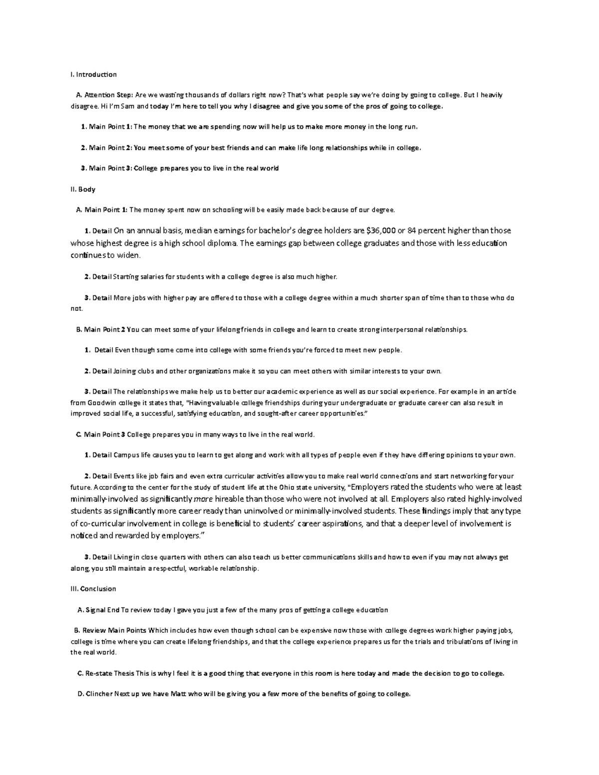 Spring 2022 Pro Con Speech Outline 2 - I. Introduc+on A. A-en+on Step ...