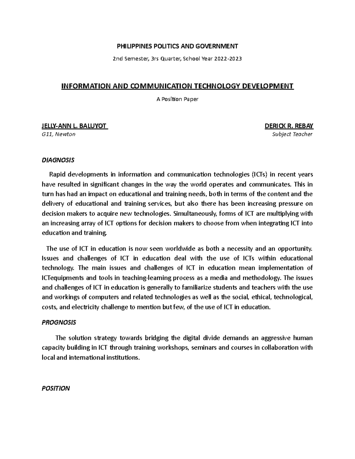 Position Paper 2 - PHILIPPINES POLITICS AND GOVERNMENT 2nd Semester ...