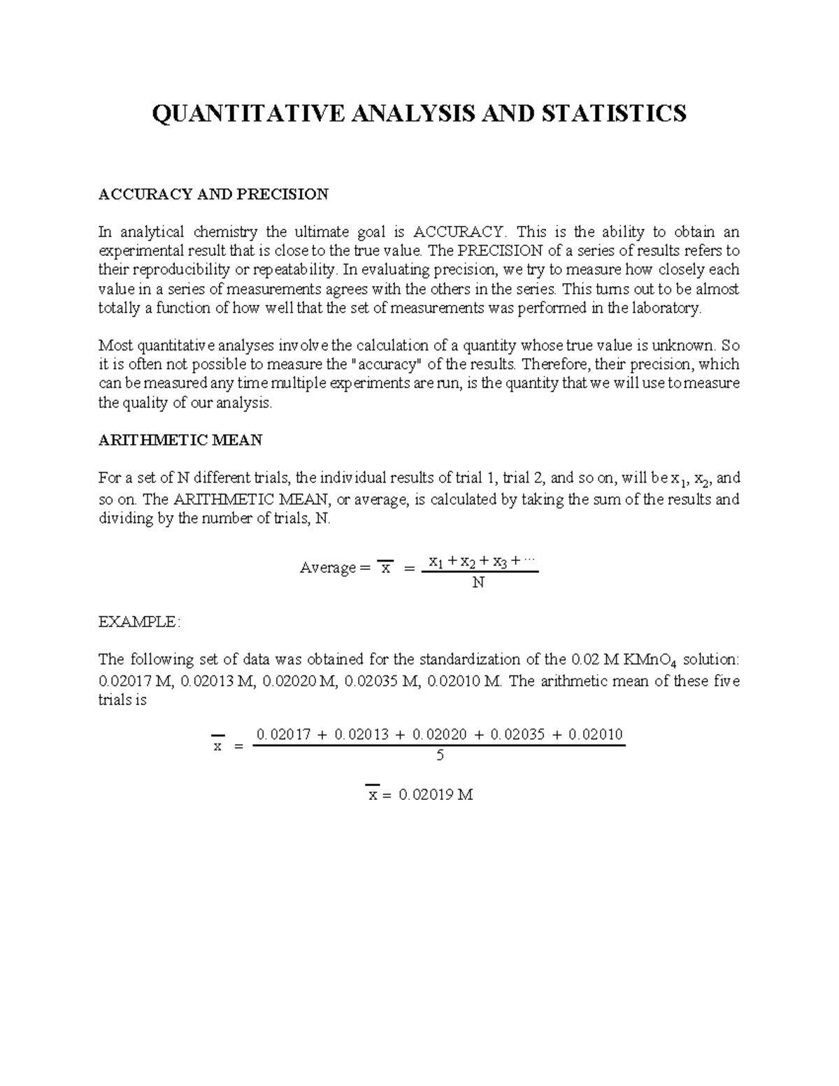 Statistics chemistry for conversions - QUANTITATIVE ANALYSIS AND ...
