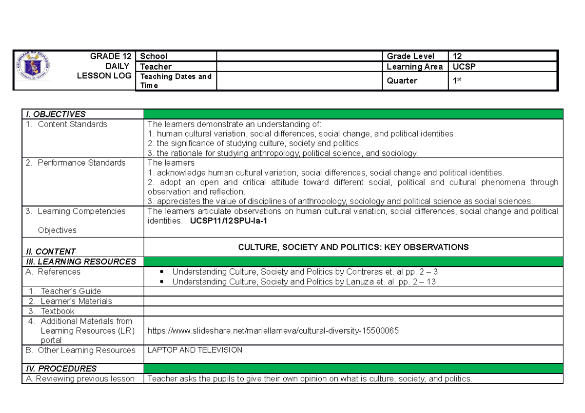 WEEK1 - DLL Week 1 - GRADE 12 DAILY LESSON LOG School Grade Level 12 ...