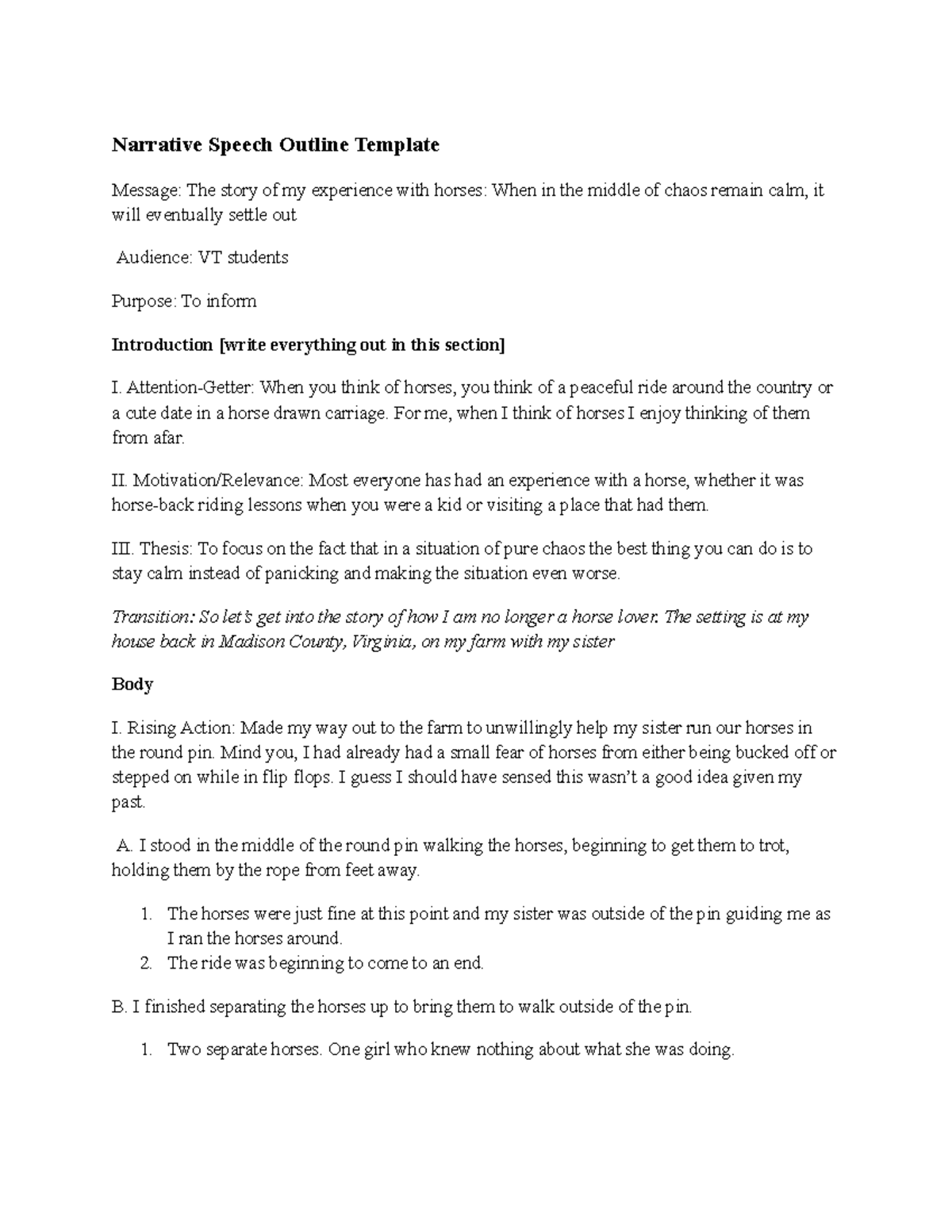 Comm 2004- Narrative Outline - Narrative Speech Outline Template ...