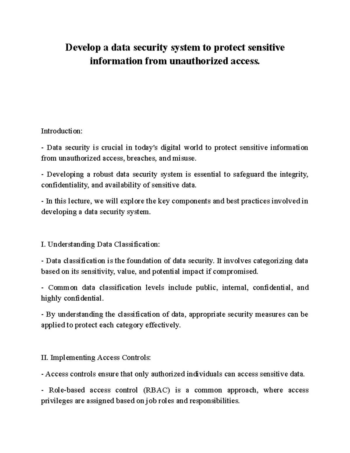 Develop a data security - Introduction: Data security is crucial in ...