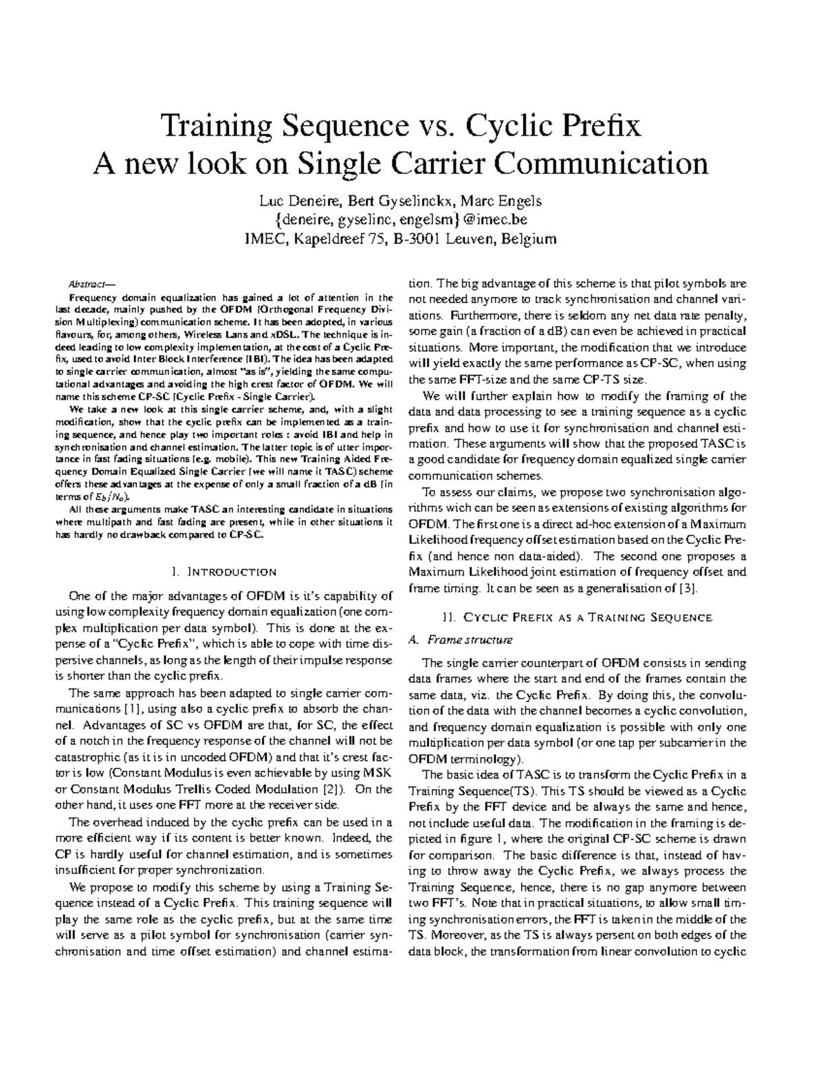 Training Sequence vs. Cyclic Prefix - Training Sequence vs. Cyclic ...
