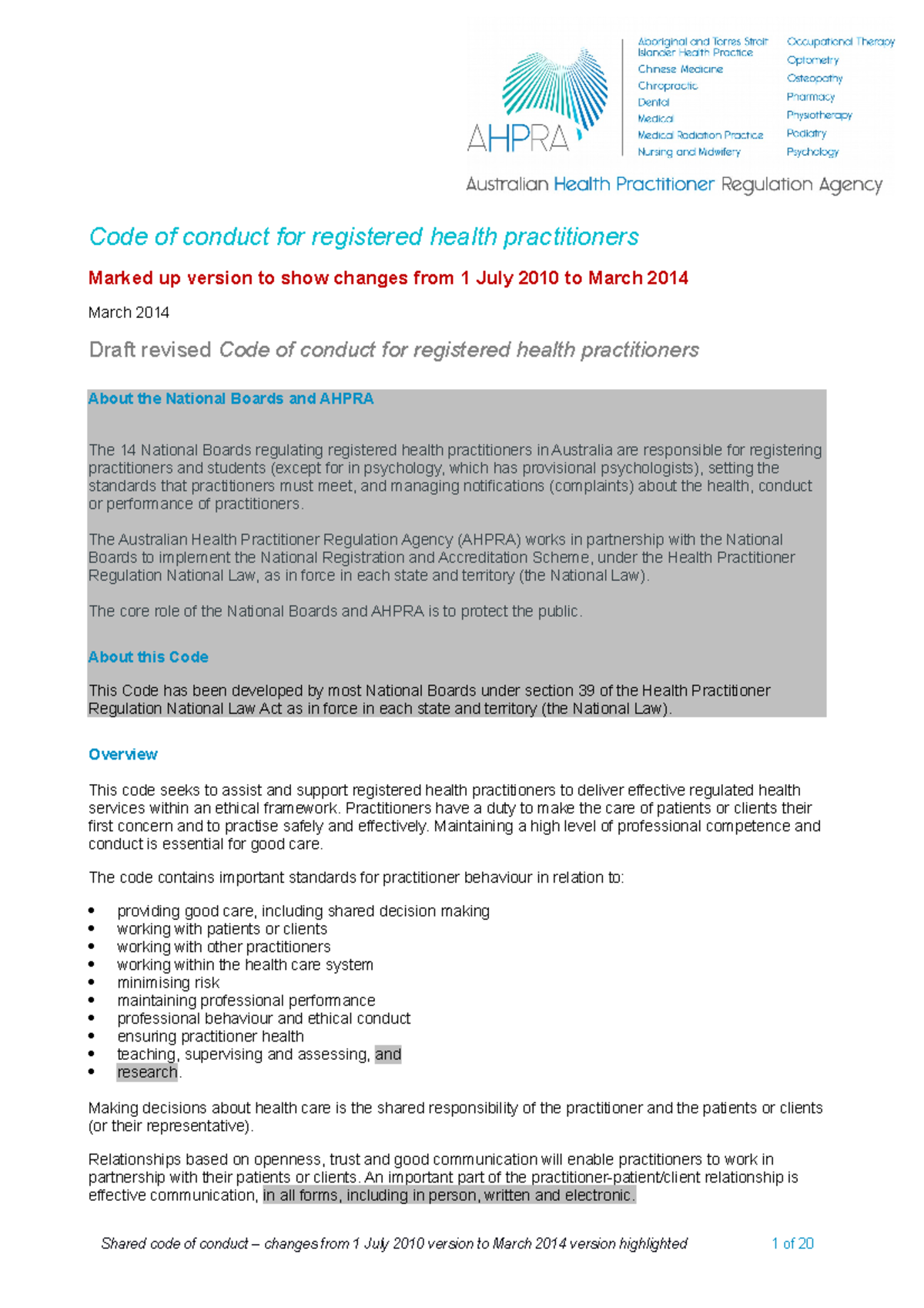 Ahpra Code Shared Code of conduct highlighted changes in text March ...