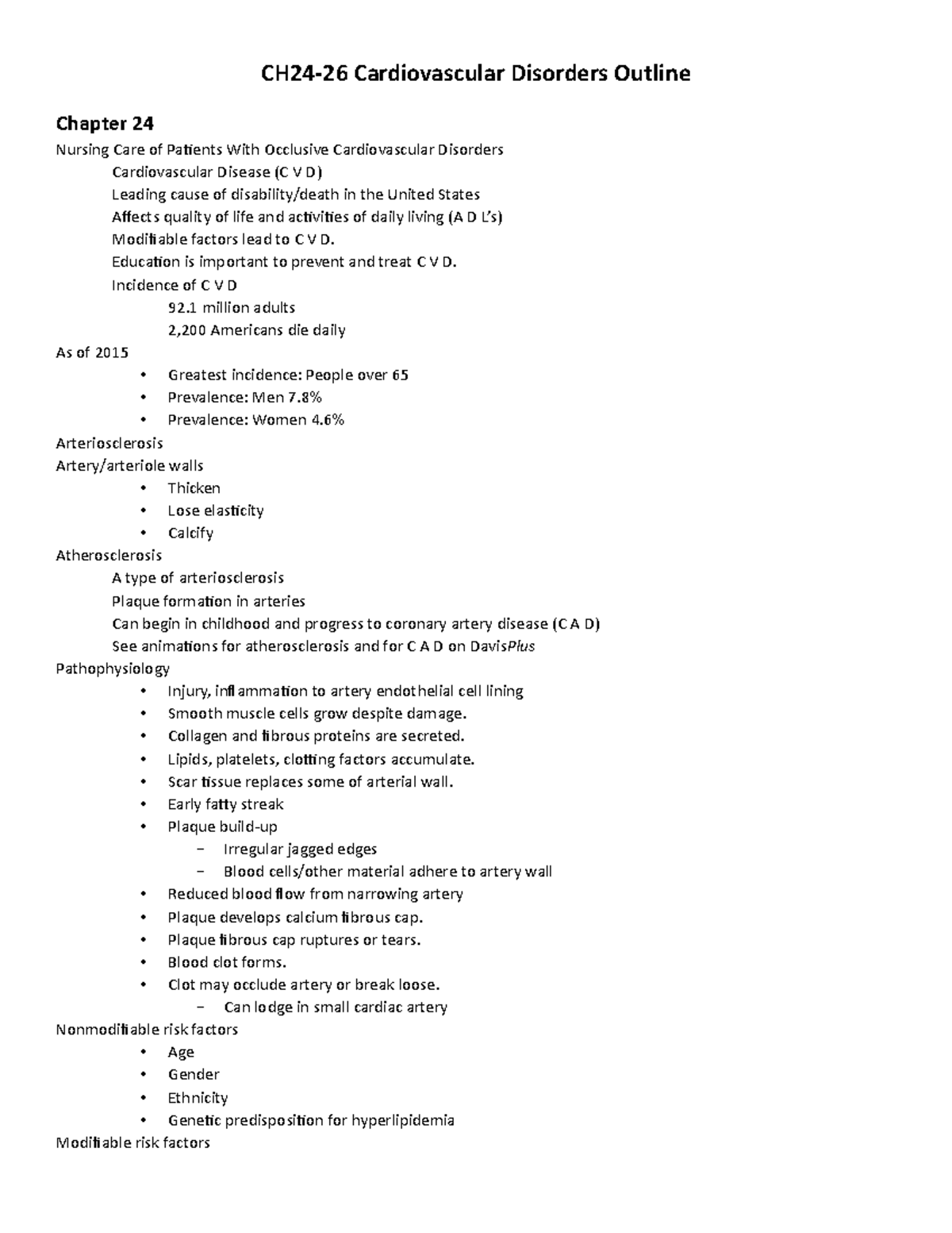 Cardiac - notes - Chapter 24 Nursing Care of Patients With Occlusive ...