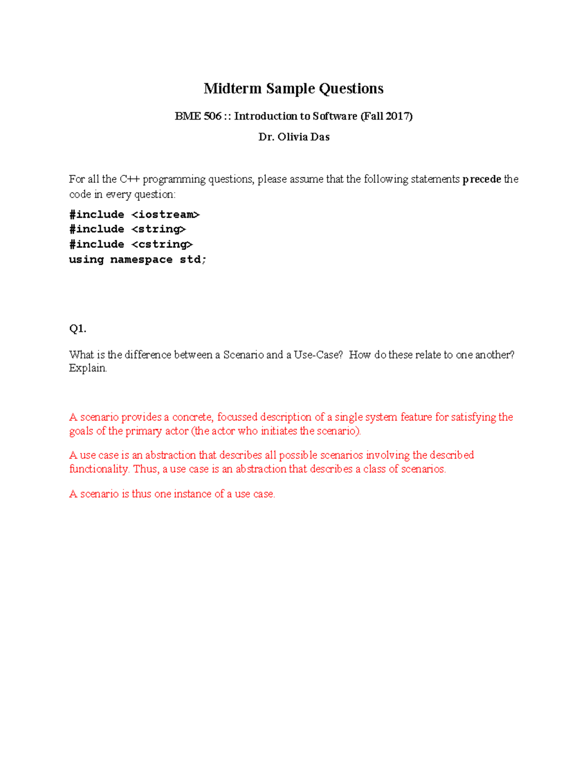 Sample/practice exam 2017, questions and answers - Midterm Sample Questions BME 506 ...