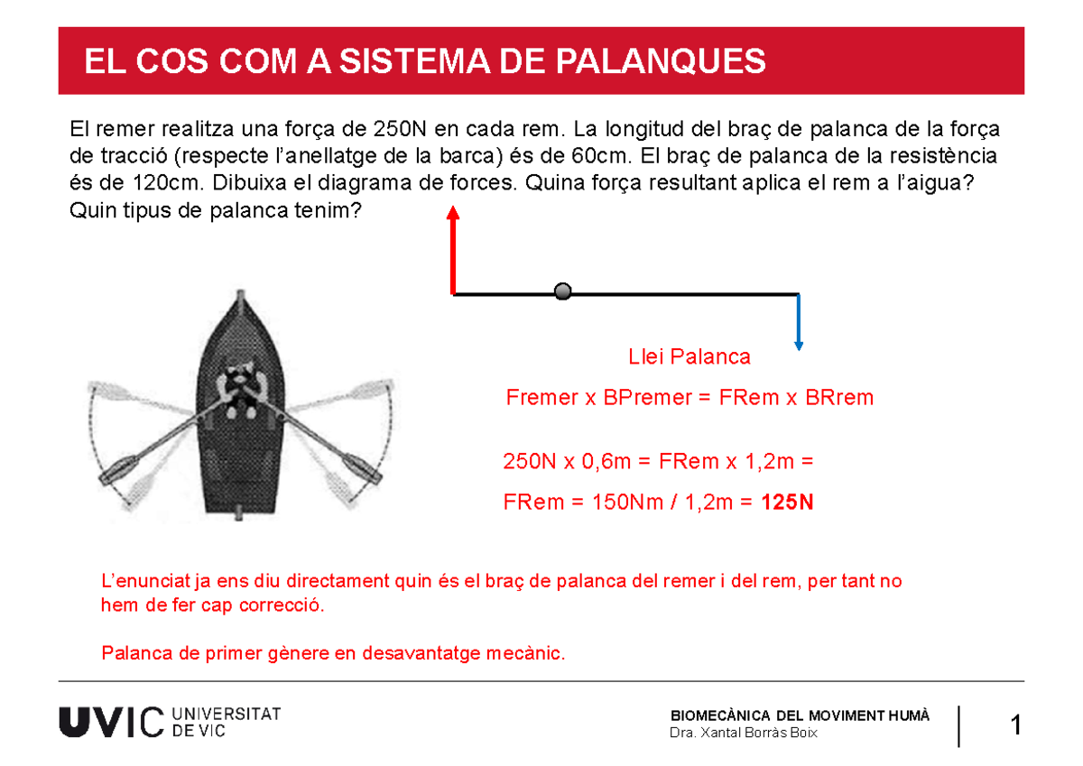 Activitat Classe Palanques Exercicis 2 S - 1 BIOMECÀNICA DEL MOVIMENT HUMÀ El remer realitza una ...