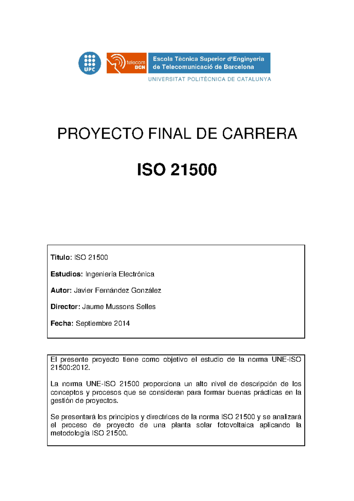 Iso 21500 - Norma para proyectos - PROYECTO FINAL DE CARRERA ISO 21500 ...