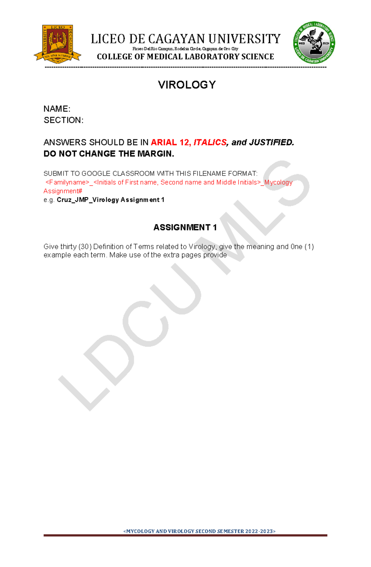 Viro 1 - Virology - LDCU MLS LICEO DE CAGAYAN UNIVERSITY Paseo Del Rio ...