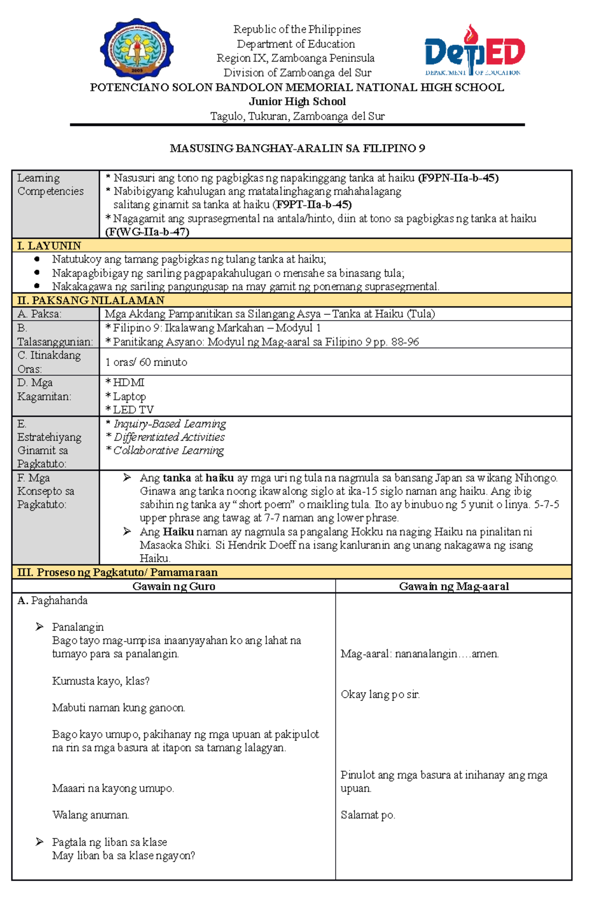 Lesson PLAN 2ND DEMO - Republic of the Philippines Department of ...