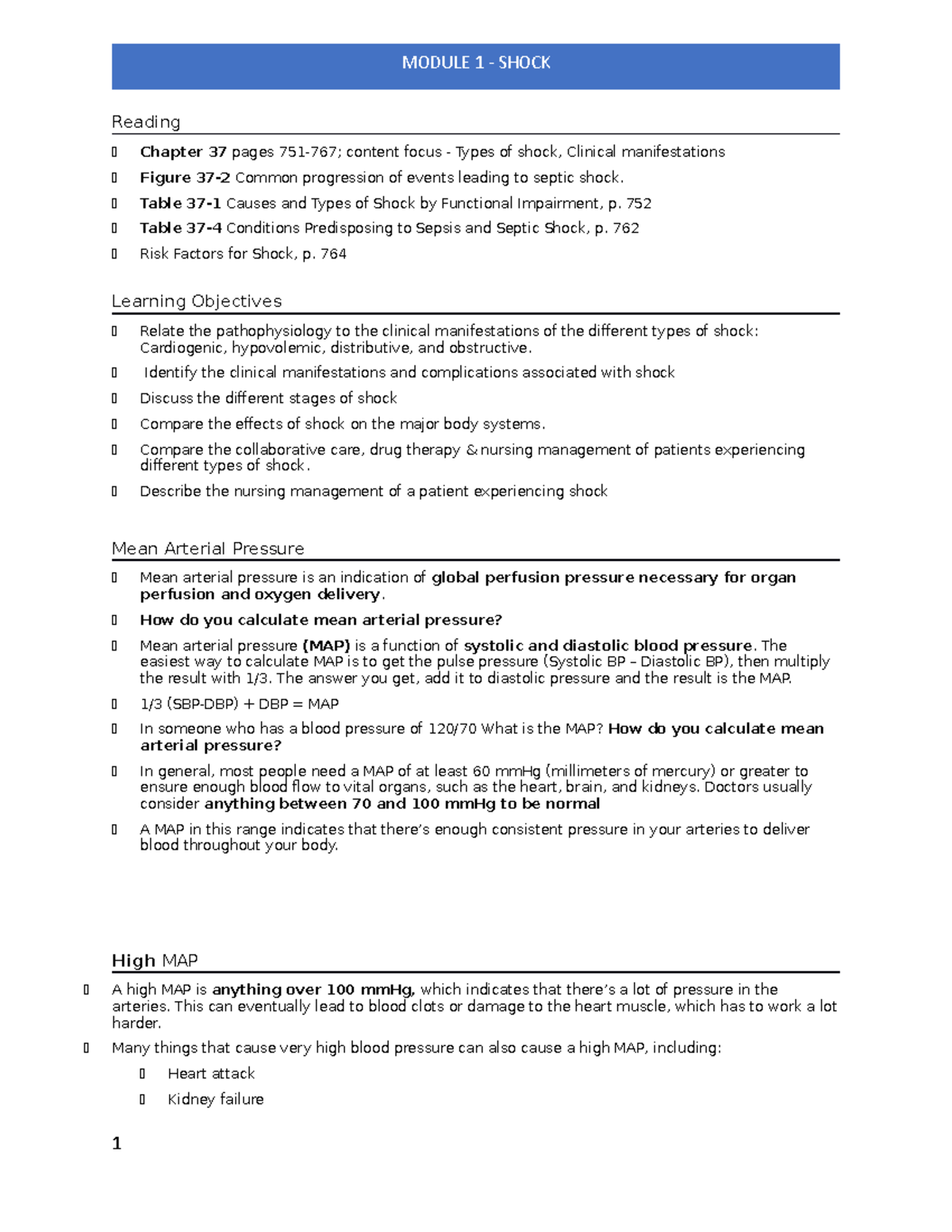 Module 1 Shock - Lecture 1 notes - Reading Chapter 37 pages 751-767 ...