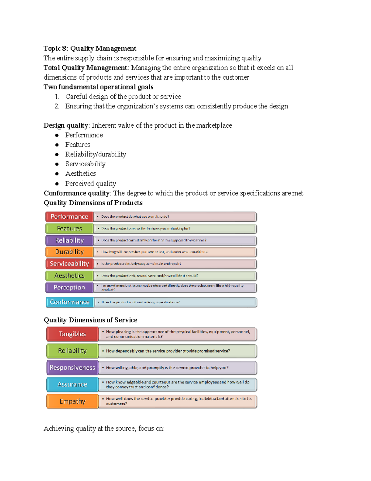 Topic 8 Textbook and Lecture Notes - Topic 8: Quality Management The ...