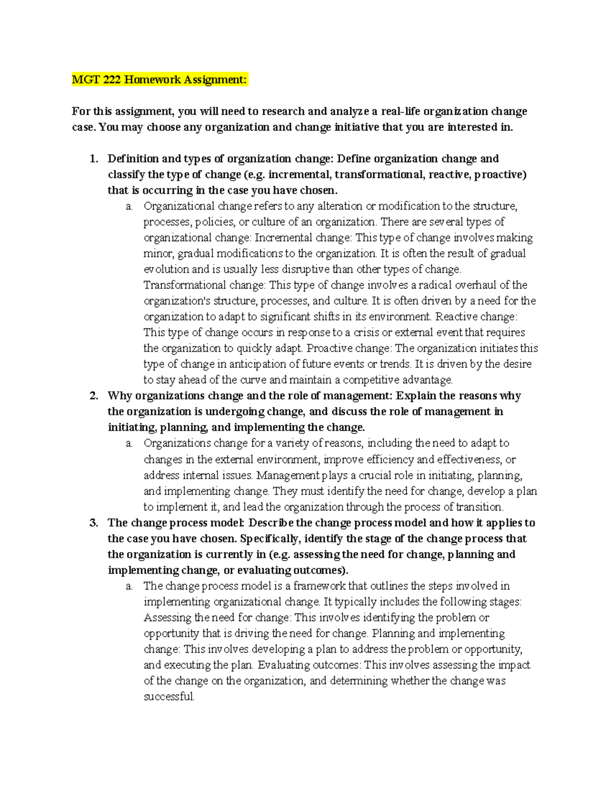 MGT 222 Strategic Organization Change Week 1 HW - MGT 222 Homework Assignment: For this ...