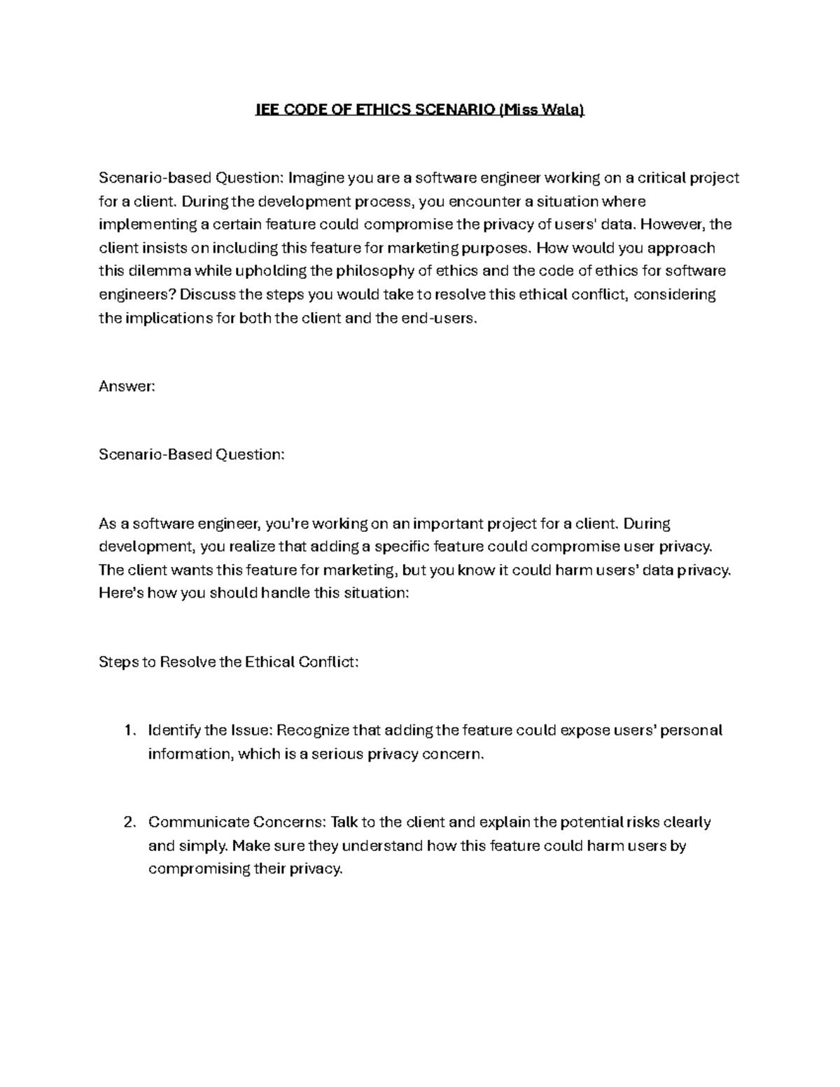 CODE OF Ethics Scenario (MISS WALA) - IEE CODE OF ETHICS SCENARIO (Miss ...