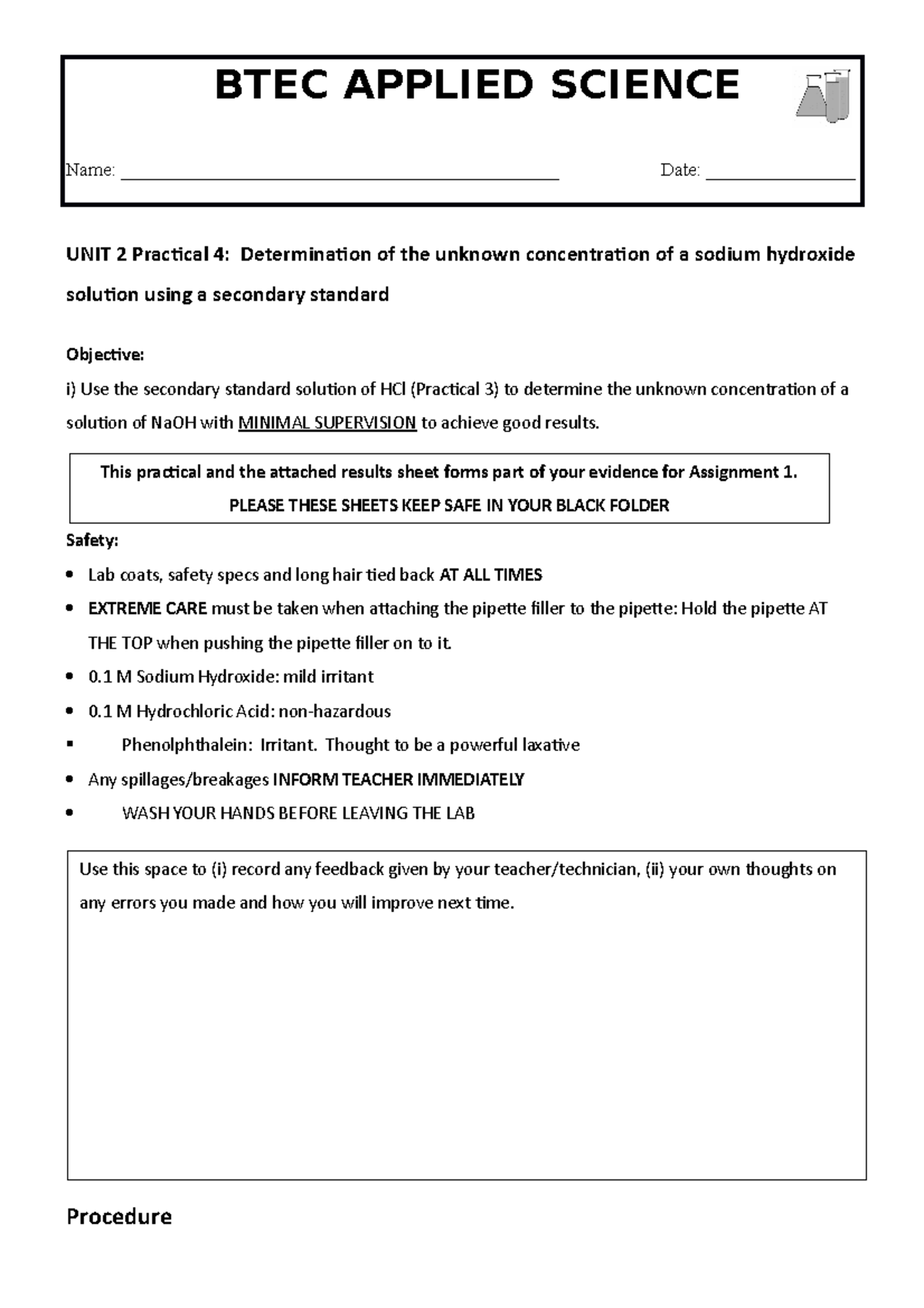 Unit 2 Prac 4 Titration Na OH 1 indicator 1 - BTEC APPLIED SCIENCE Name ...